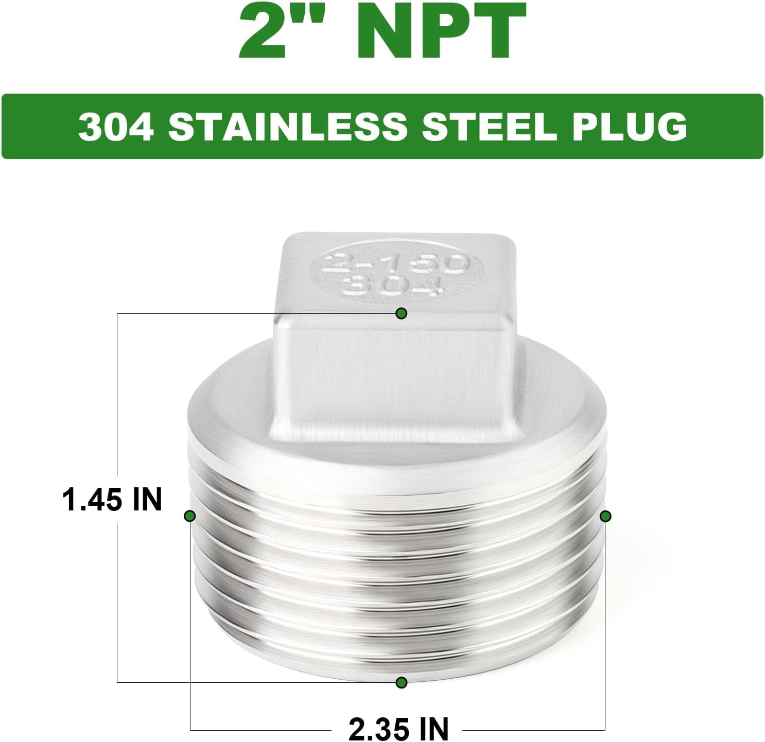 GHRTGR-2PCS 304 Stainless Steel Outer Square Thread Socket Pipe Plug Fitting 2" NPT Male ...