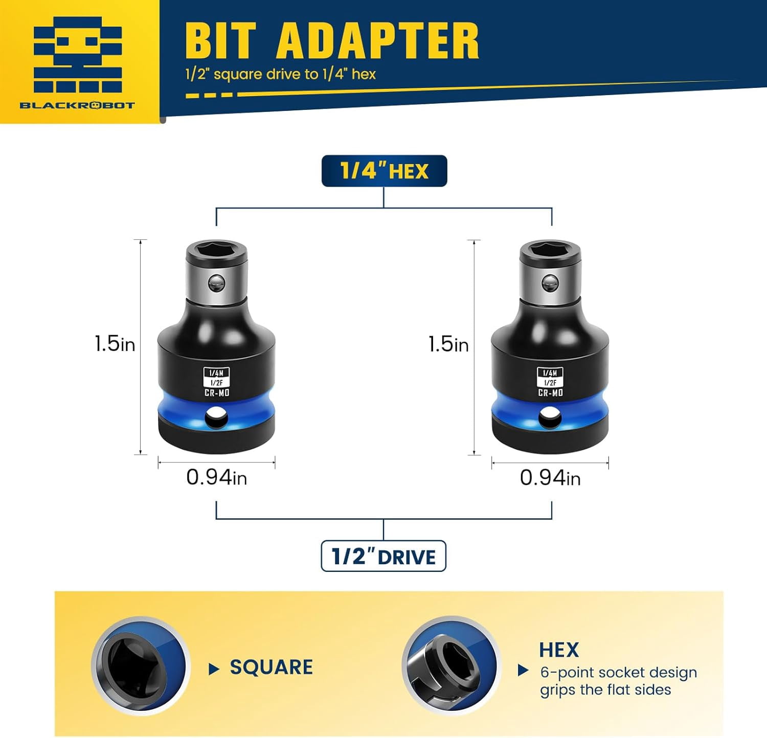 GHRTGR-2PCS Impact Bit Holders 1/2 Inch Square Drive to 1/4 Inch Hex ...