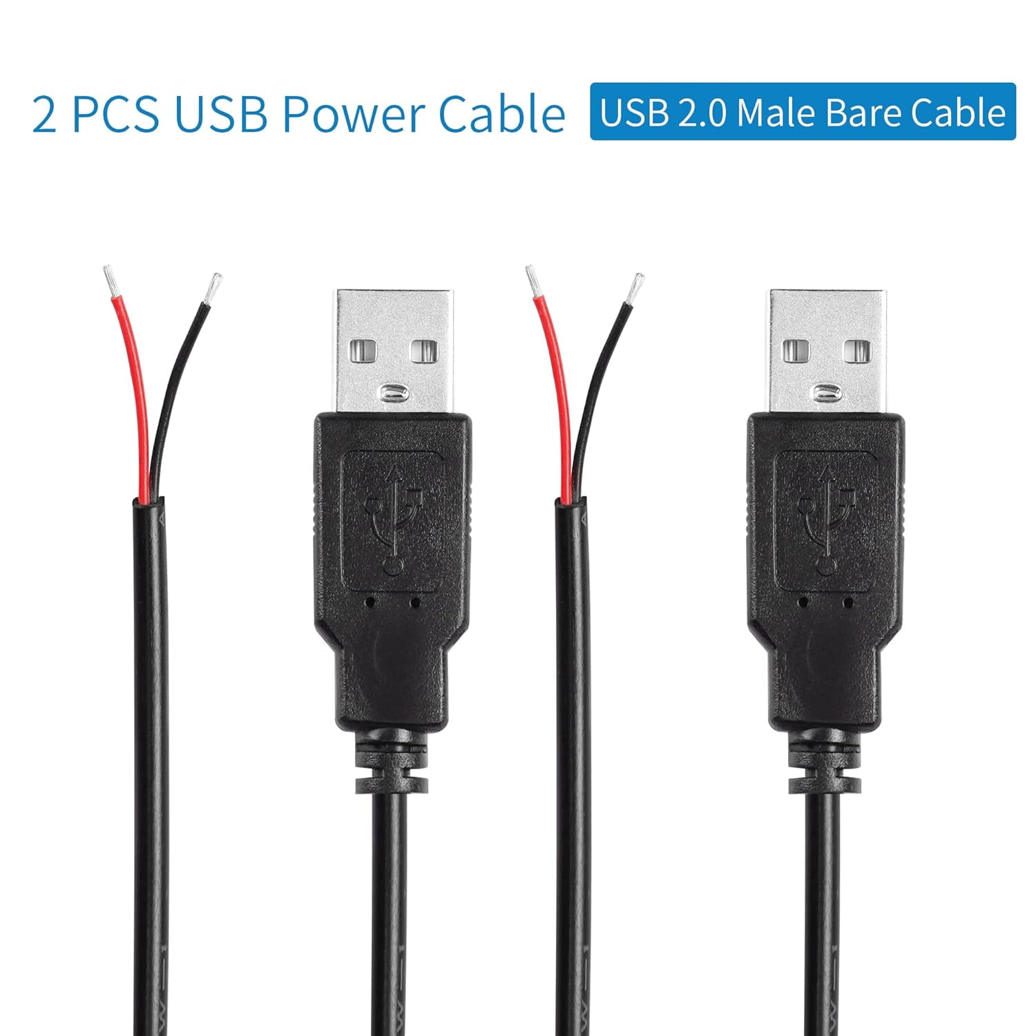 GHRTGR-2Pcs USB 2.0 Male Plug 2pin Bare Wire,USB Power Data Cable DIY ...
