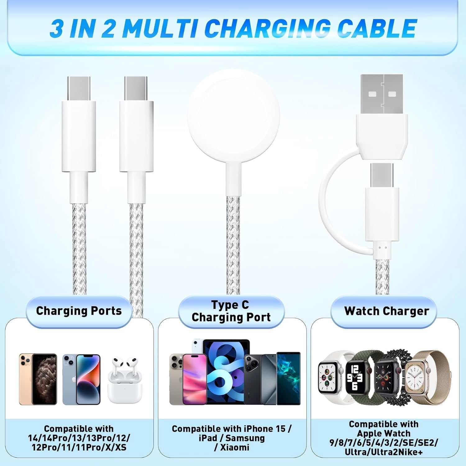GHRTGR-3 in 2 Fast Charger Cable, All in One Combo Thick Braided USB C ...