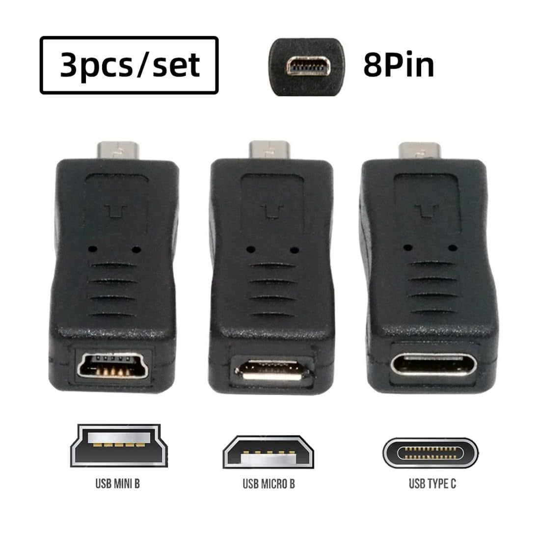 GHRTGR-3 Pack Mini 8Pin to USB 2.0 Adapter,USB C/Mini USB/Micro USB to ...