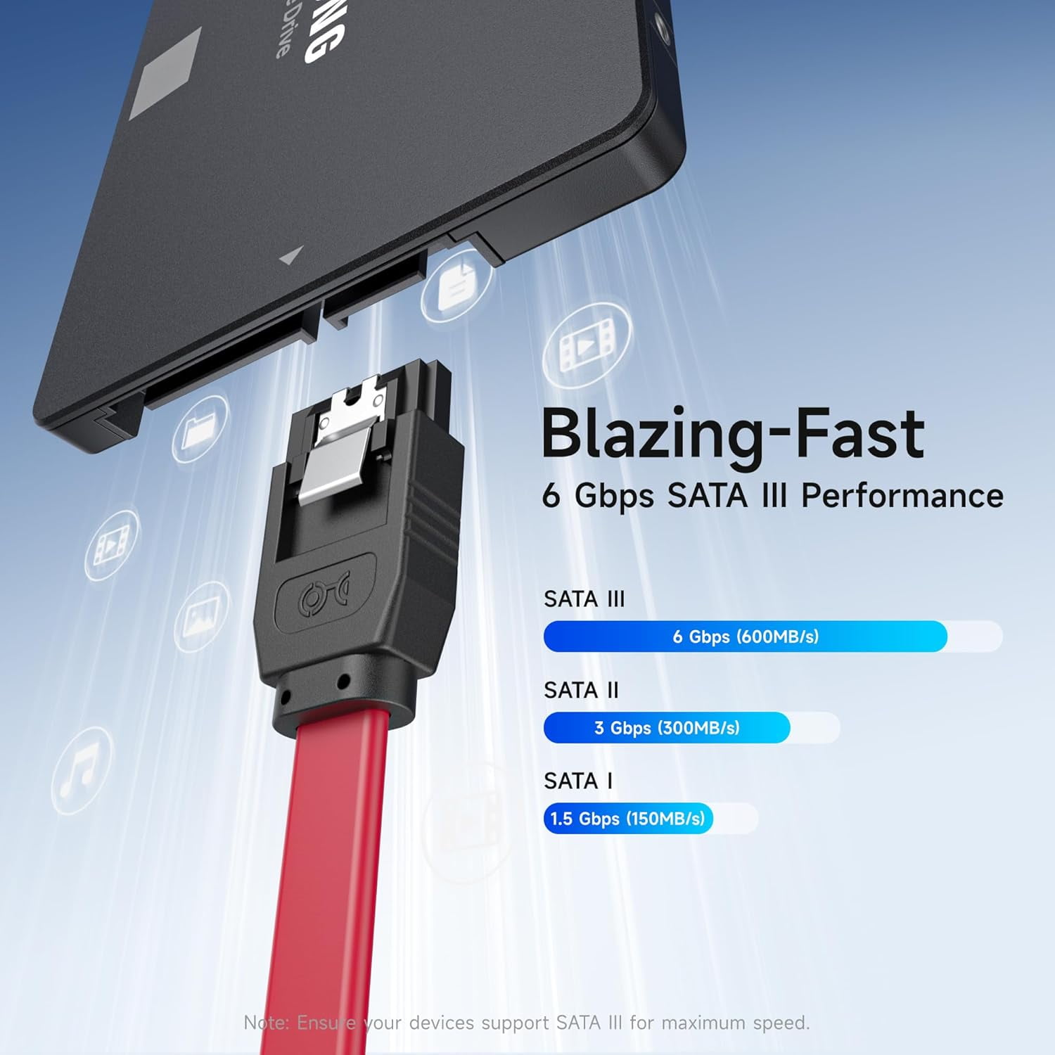 GHRTGR-3-Pack Straight SATA Cable - 18 Inch, SATA III 6Gbps Data Cable ...