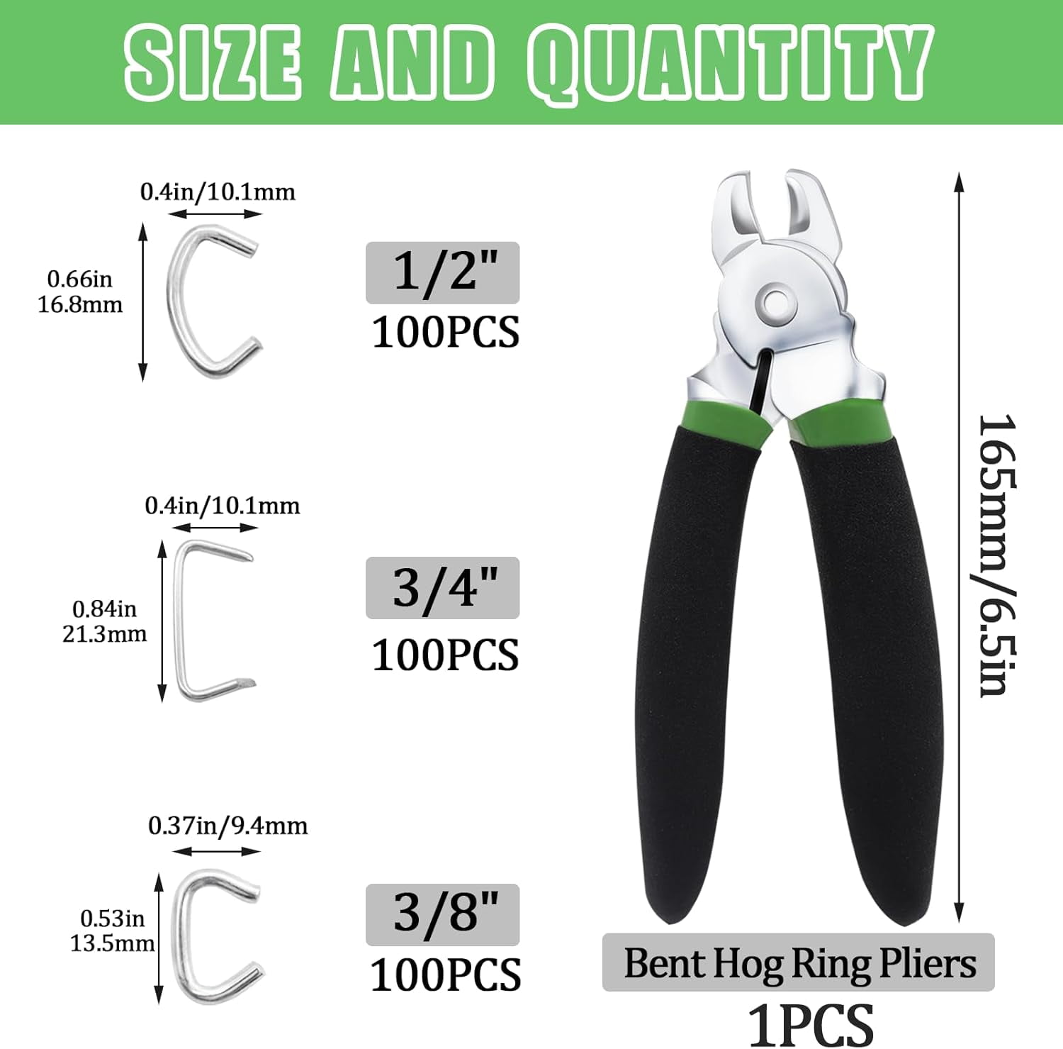GHRTGR-300 Pcs Hog Rings with Bent Hog Ring Pliers Kit 3/4" 1/2" 3/8 "Galvanized Hog Rings ...