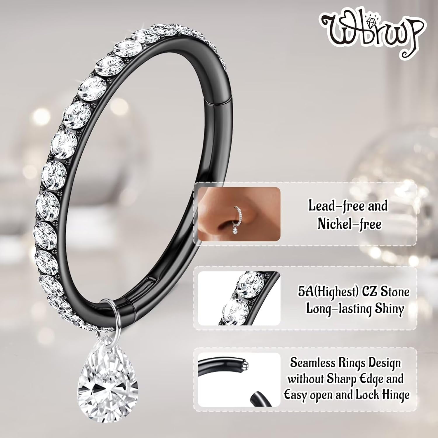 GHRTGR-316L Stainless-Steel Piercing-Ring Hinged Nose-Rings-Hoop with Zircon/Opal 14G 16G 18G ...