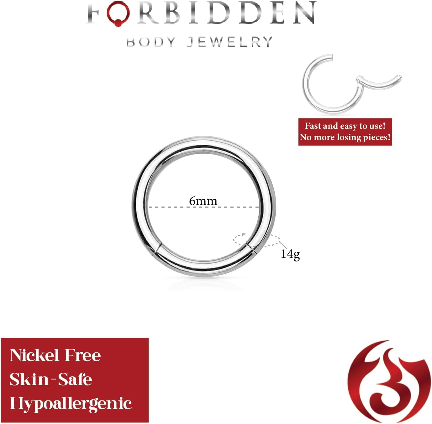 GHRTGR-316L Surgical Steel Hinged Seamless Nose Rings Hoop 14G 16G 18G, Diameter 6mm 8mm 10mm ...