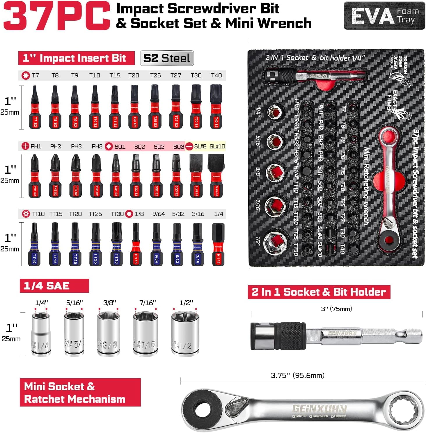 DASAW-37Pieces Impact Screwdriver Bit & Socket Set with Mini Ratcheting Wrench, 30Pcs Impact S2 ...