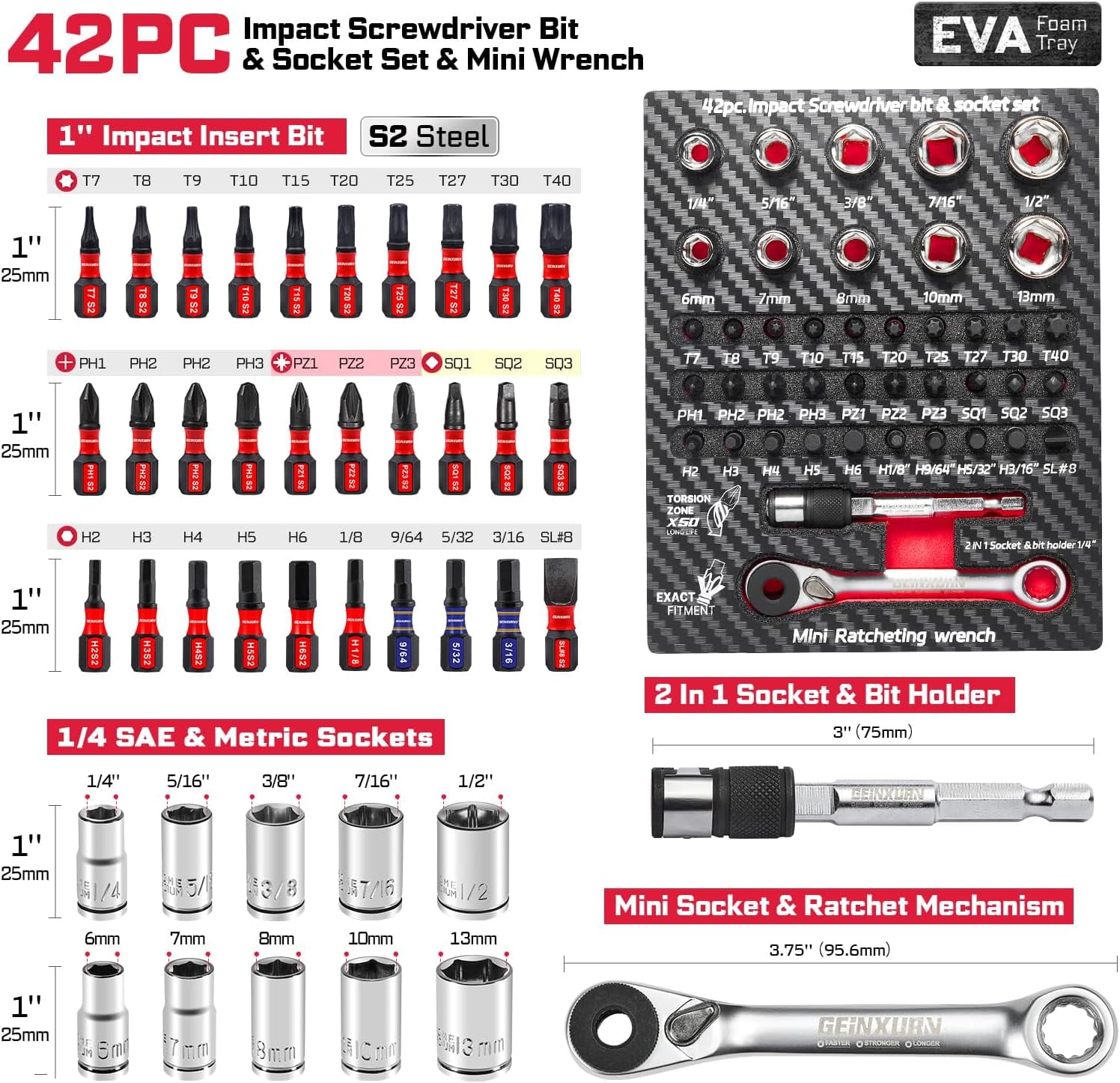 DASAW-42Pieces Impact Screwdriver Bit & Socket Set with Mini Ratcheting Wrench, 30Pcs Impact S2 ...