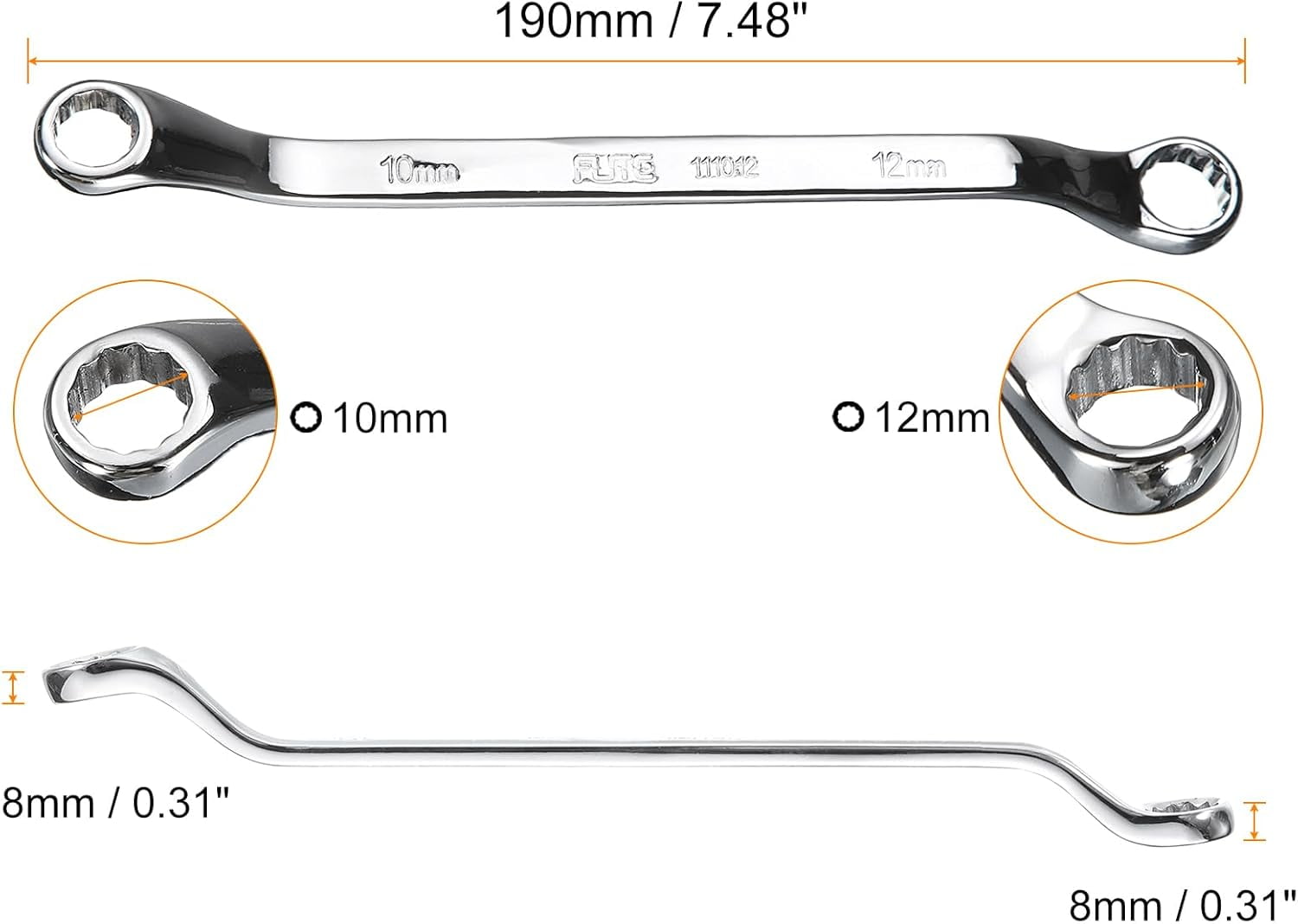 GHRTGR-45 Degree Offset Box End Wrench 10mm x 12mm Metric 12 Point ...