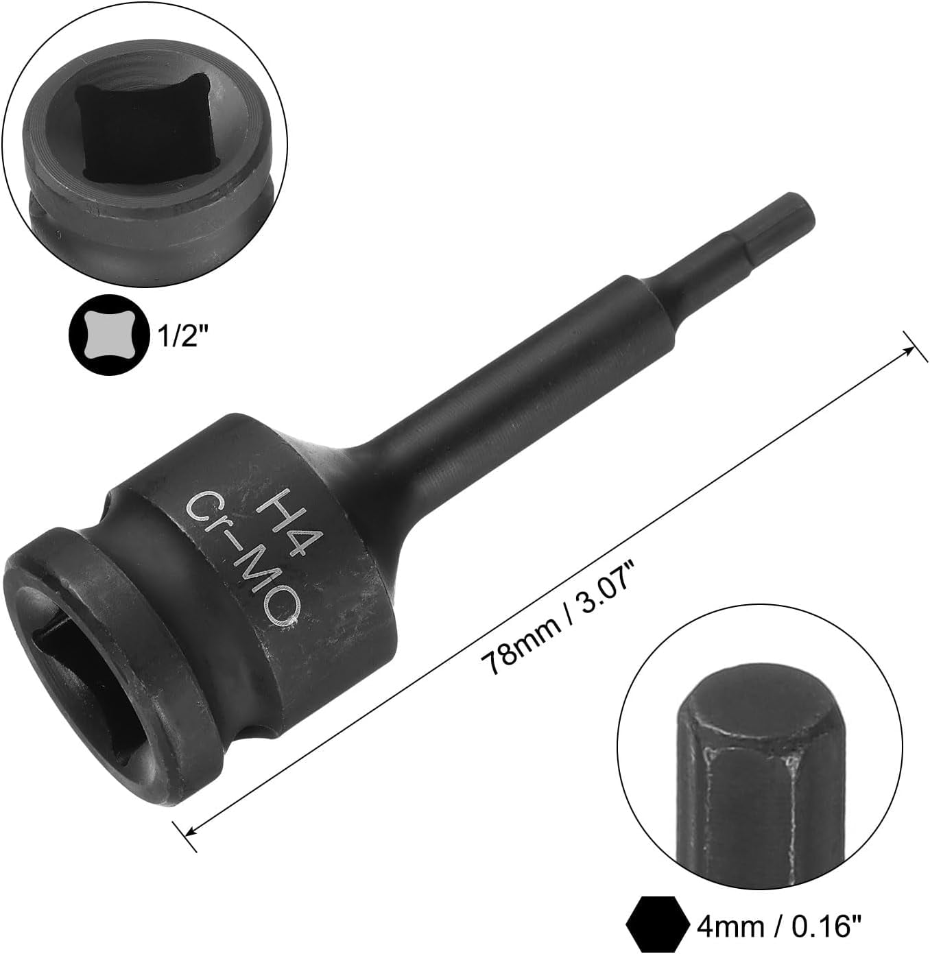 GHRTGR-4mm Hex Impact Bit Socket H4 1/2" CR-MO Steel Phosphate Black ...