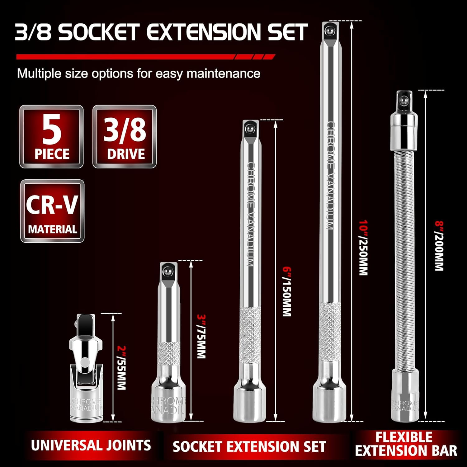 GHRTGR-5-Piece 3/8 Inch Drive Extension Bar Set, Includes 3, 6, and 10 ...