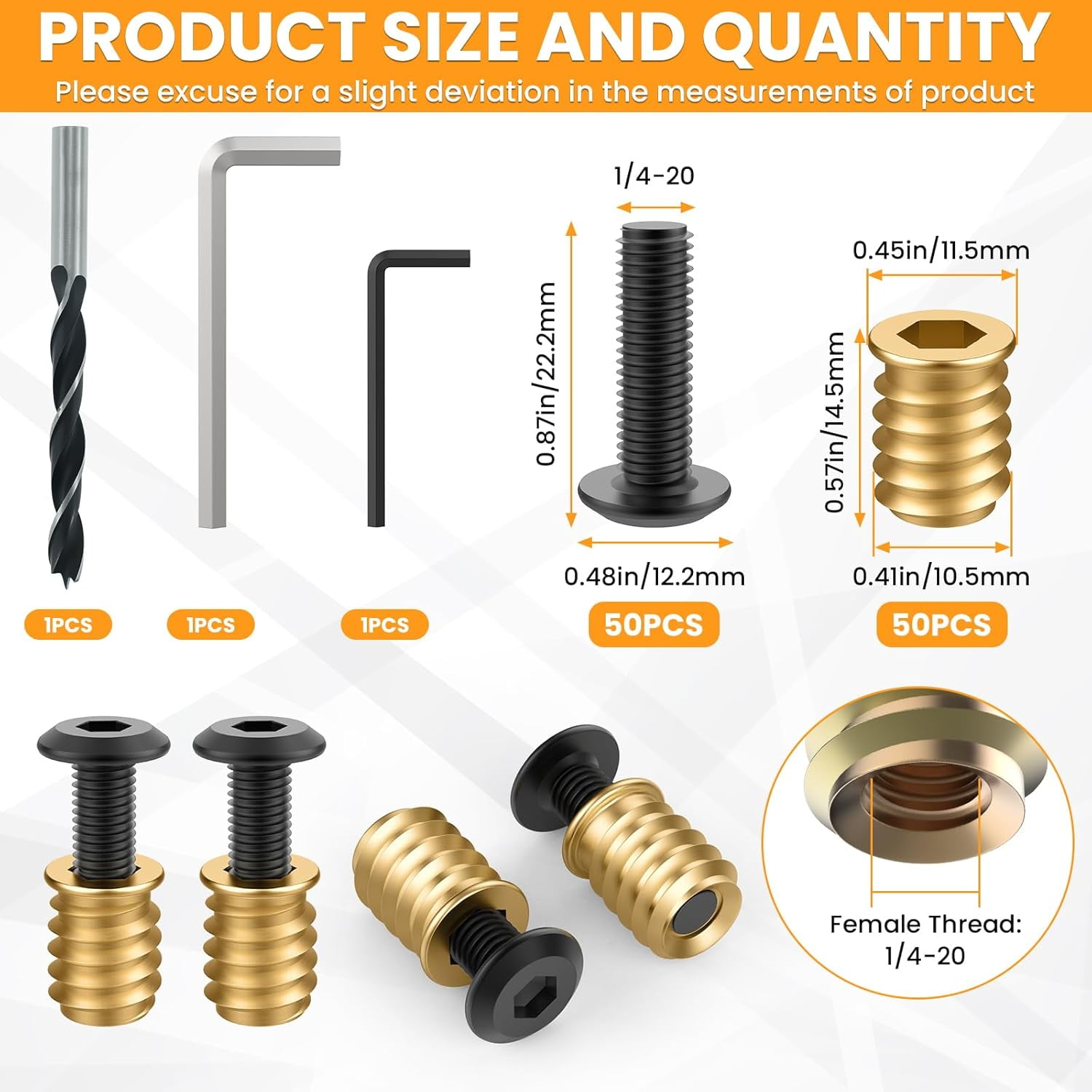 GHRTGR-50 Sets 1/4-20 x 19/32" Threaded Insert and Bolt for Wood, Hex ...