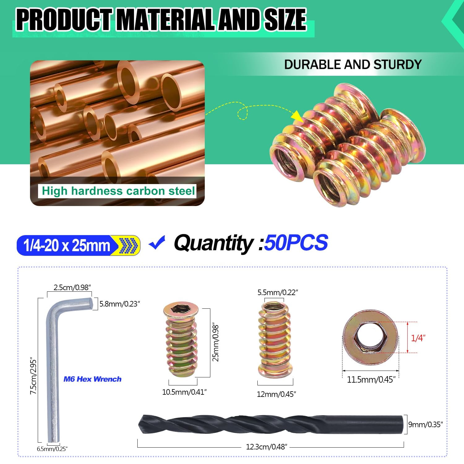GHRTGR-/50PCS 1/4"-20 Threaded Inserts for Wood Furniture Screw-in Nut ...
