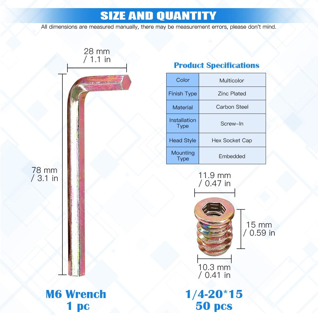 GHRTGR-50Pcs 1/4"-20x15mm Threaded Inserts Nuts Zinc Plated Carbon Steel Hex Socket Drive ...