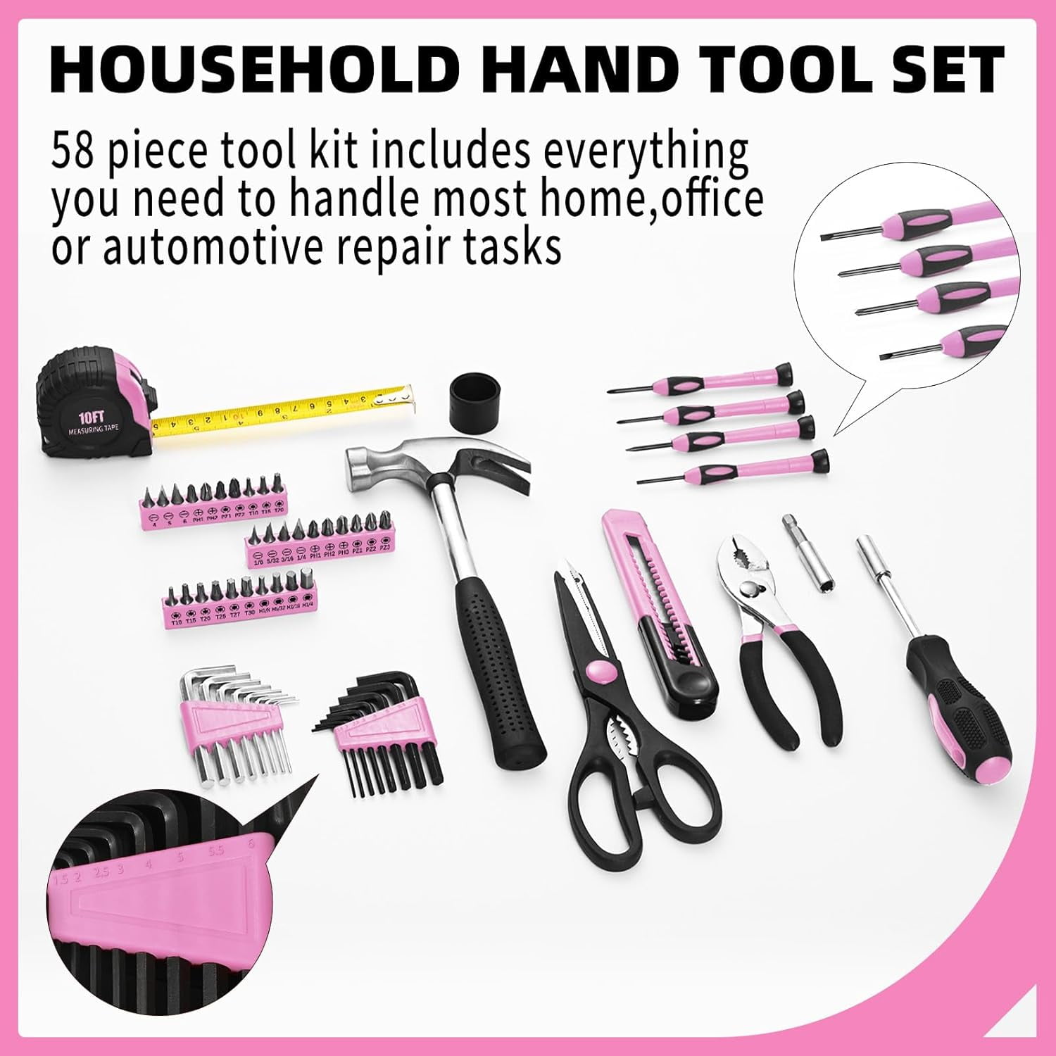 GHRTGR-58-Piece Pink Tool Kit Basic Home Repair Tool Set, General ...