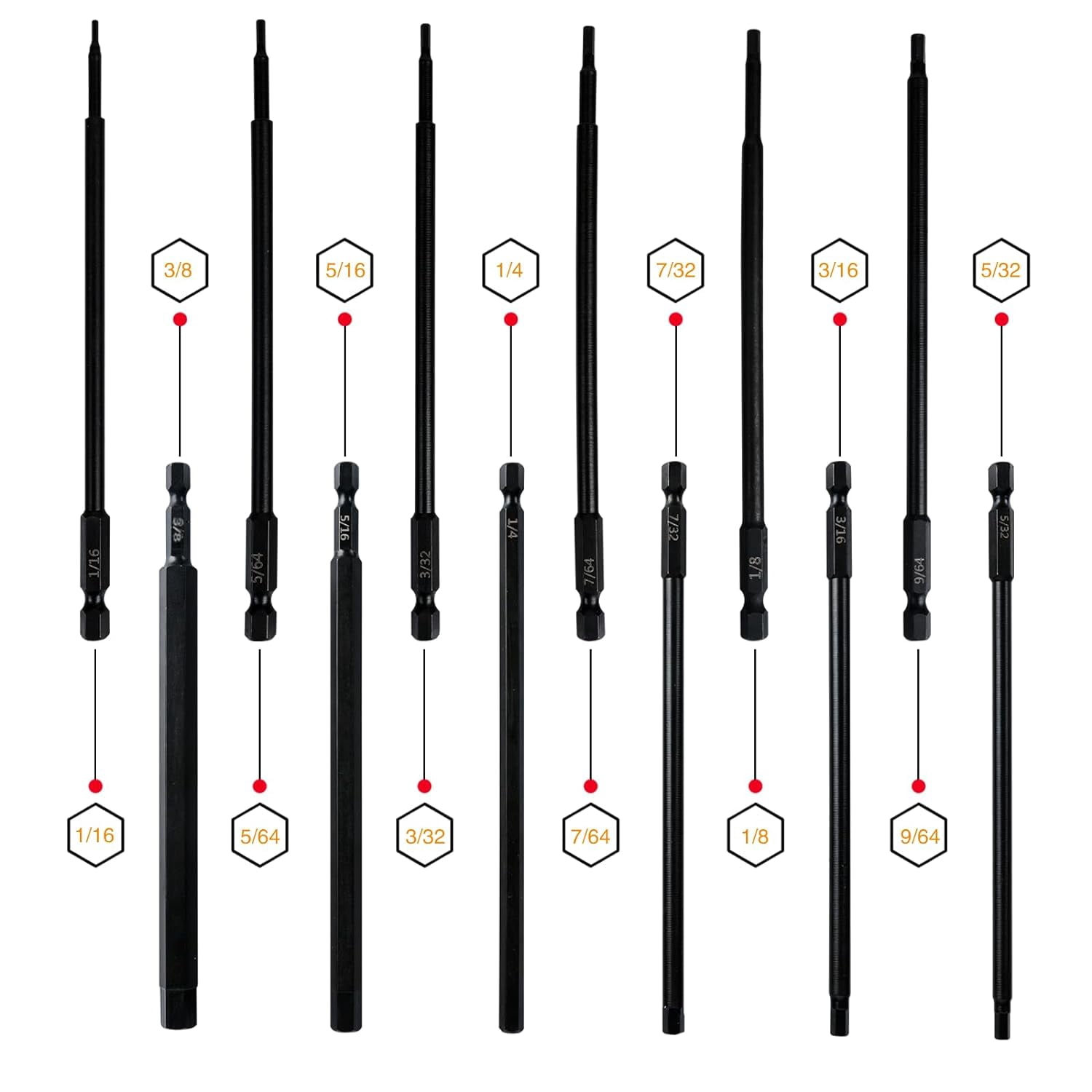 DASAW-6" Long Allen Hex Bit Set (12 Pack of Drill Bits with Case) 6 ...