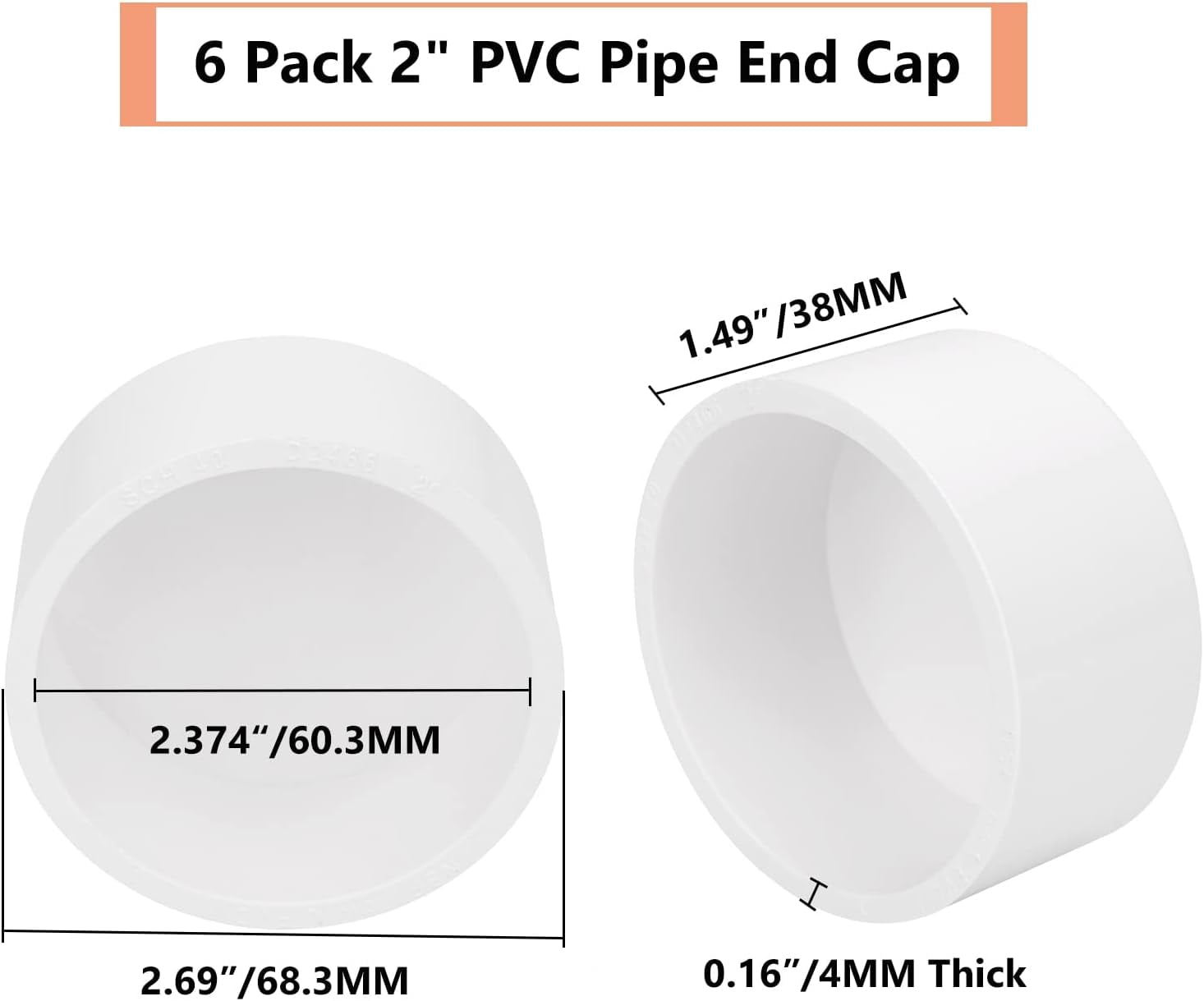 GHRTGR-6 Pack 2" PVC Pipe End Cap Fitting, Schedule 40 Furniture Grade ...