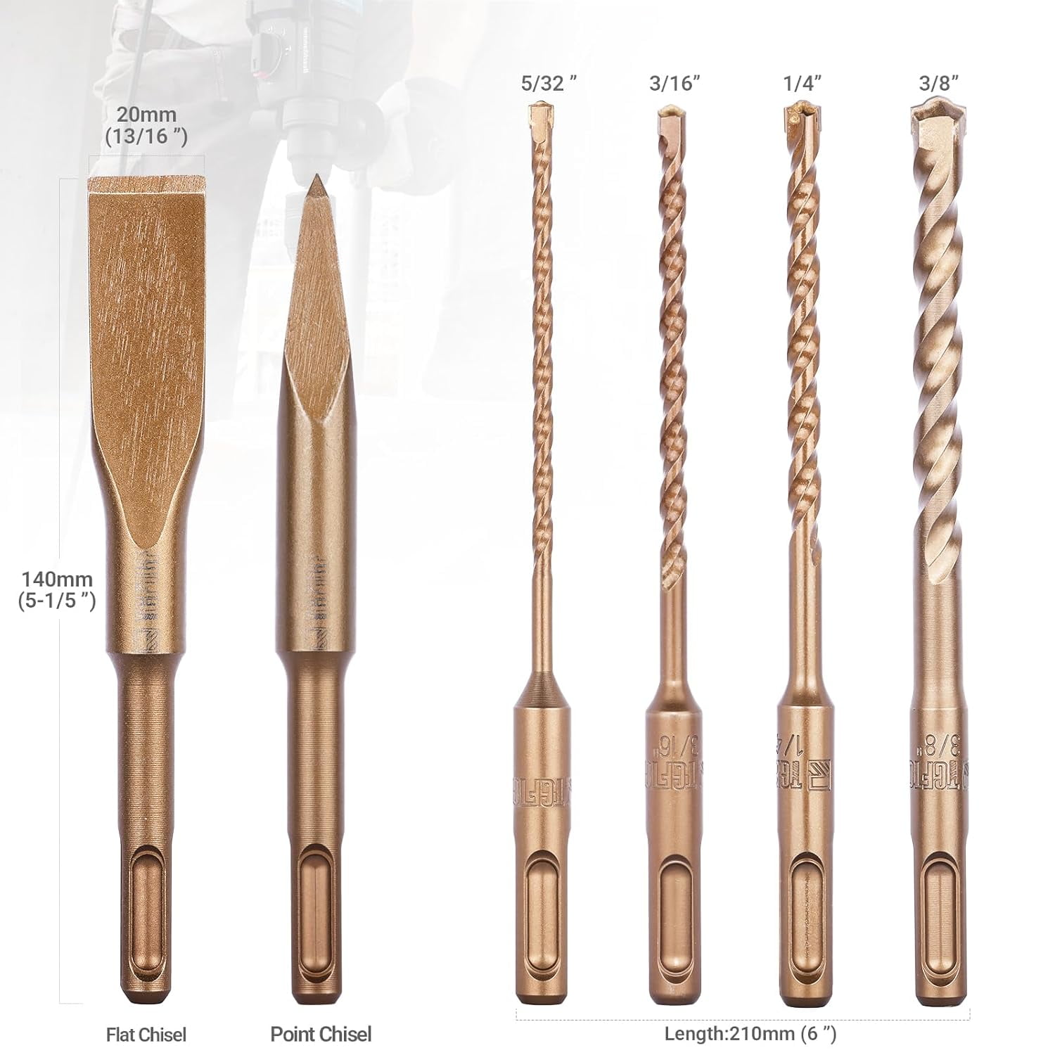 GHRTGR-6-Piece Rotary Hammer Drill Bit and Chisel Set, YG8C Carbide Tip ...