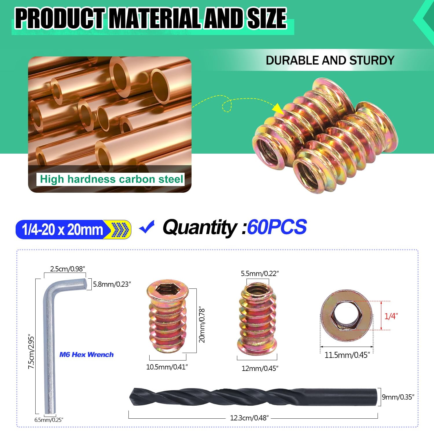 GHRTGR-/60PCS 1/4"-20 Threaded Inserts for Wood Furniture Screw-in Nut ...