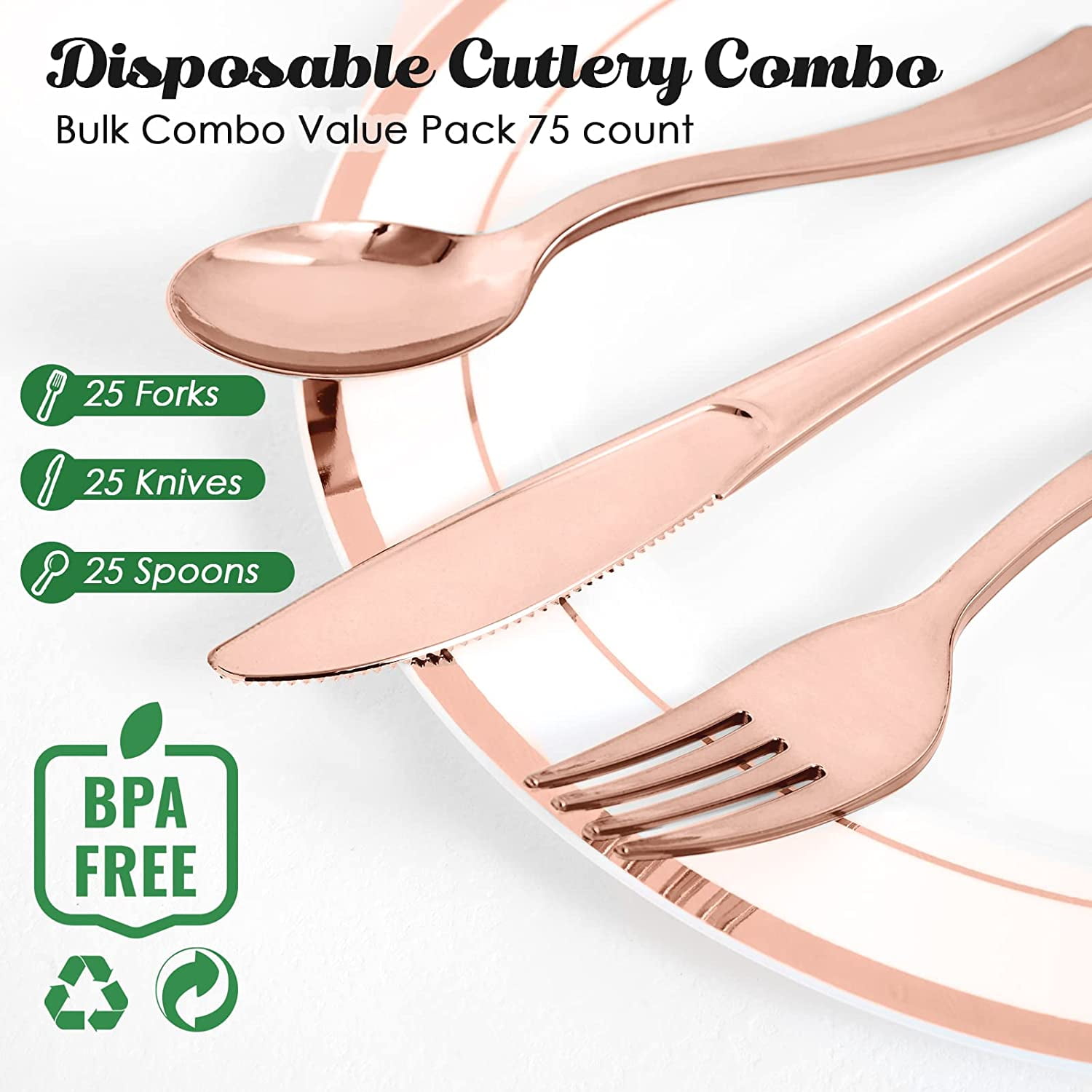 GHRTGR-75 Pack Rose Gold Plastic Silverware Disposable Cutlery Set - 25 ...