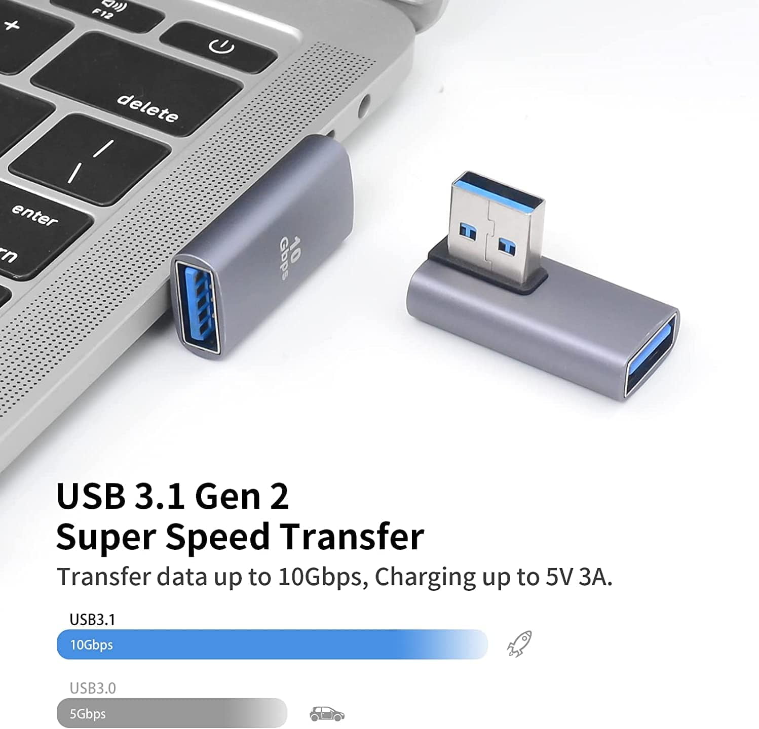 GHRTGR-90 Degree USB Adapter (2-Pack) Left Angle USB 3.1 Male to Female ...