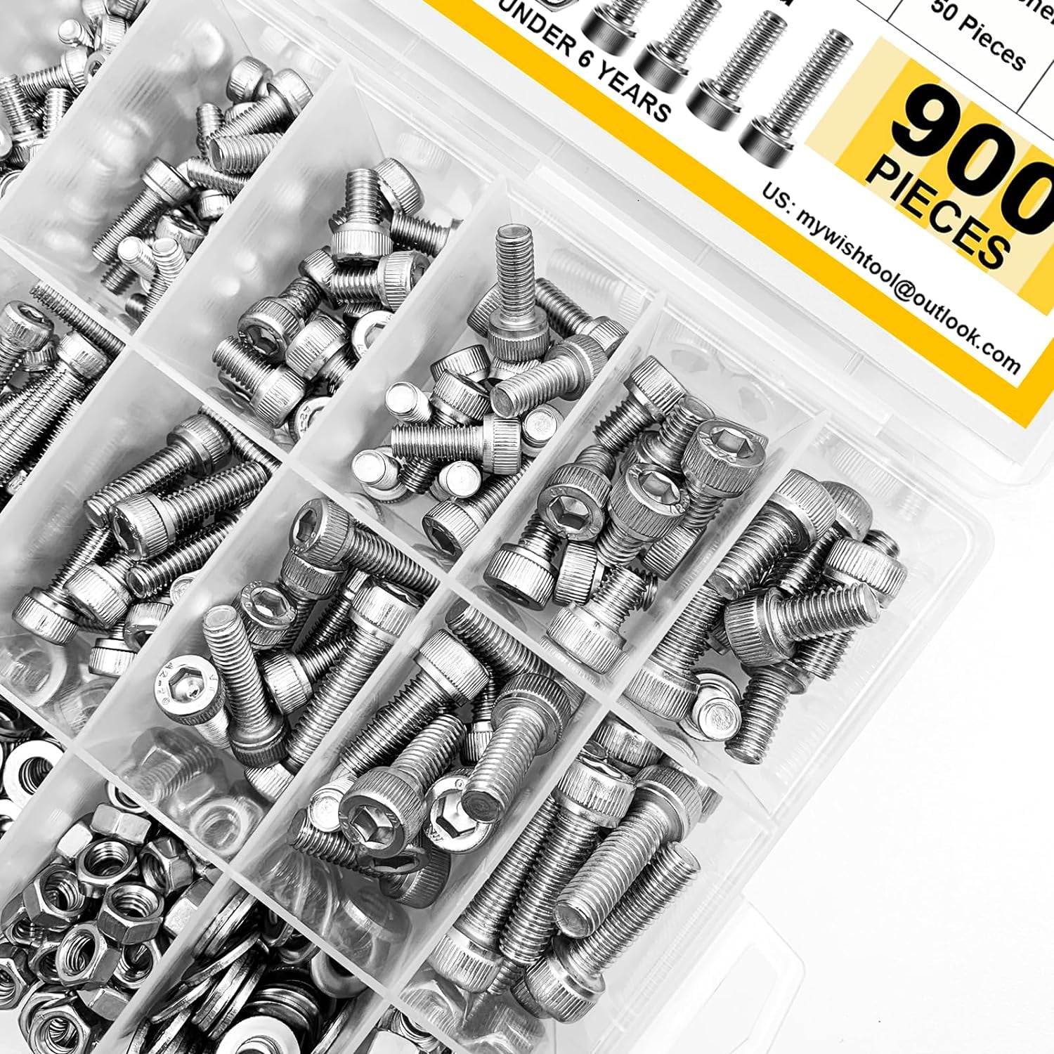 GHRTGR-900Pcs M3 M4 M5 M6 Metric Screw Assortment, 304 Stainless Steel Nuts and Bolts, Hex ...