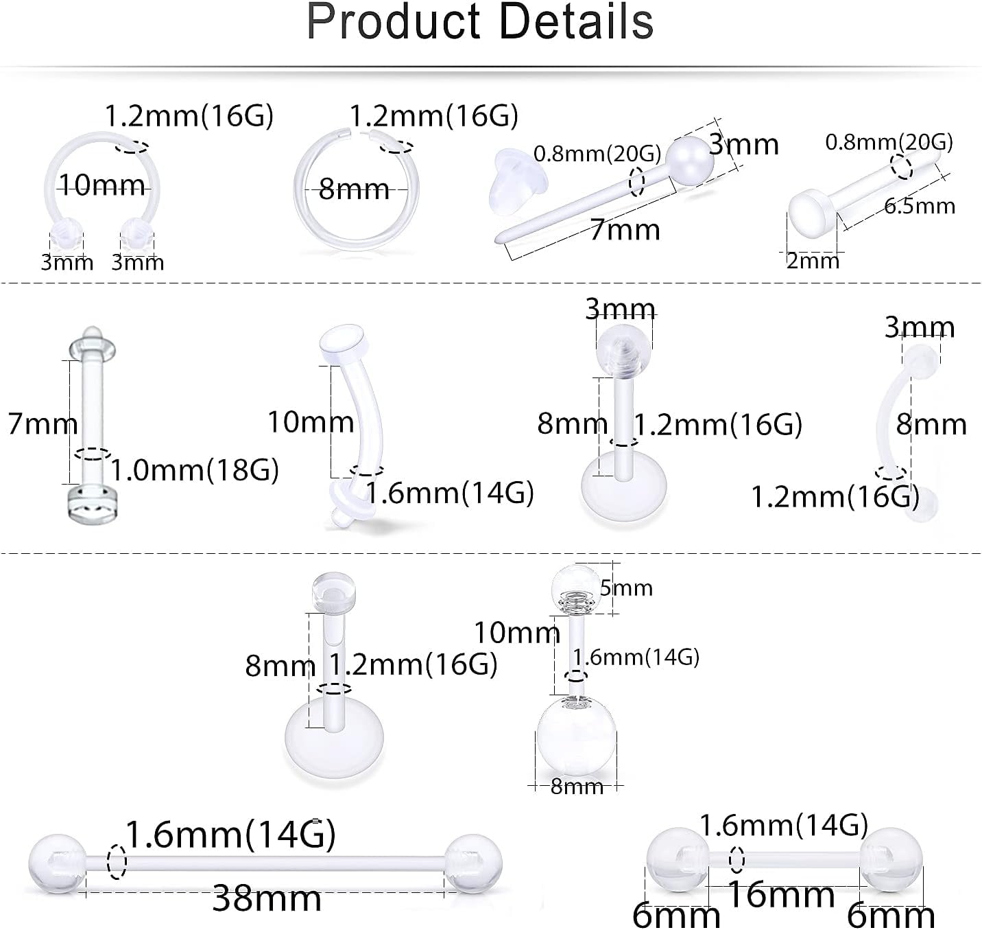 GHRTGR-92pcs Clear Plastic All Piercing Retainer for Surgery Work Sport ...