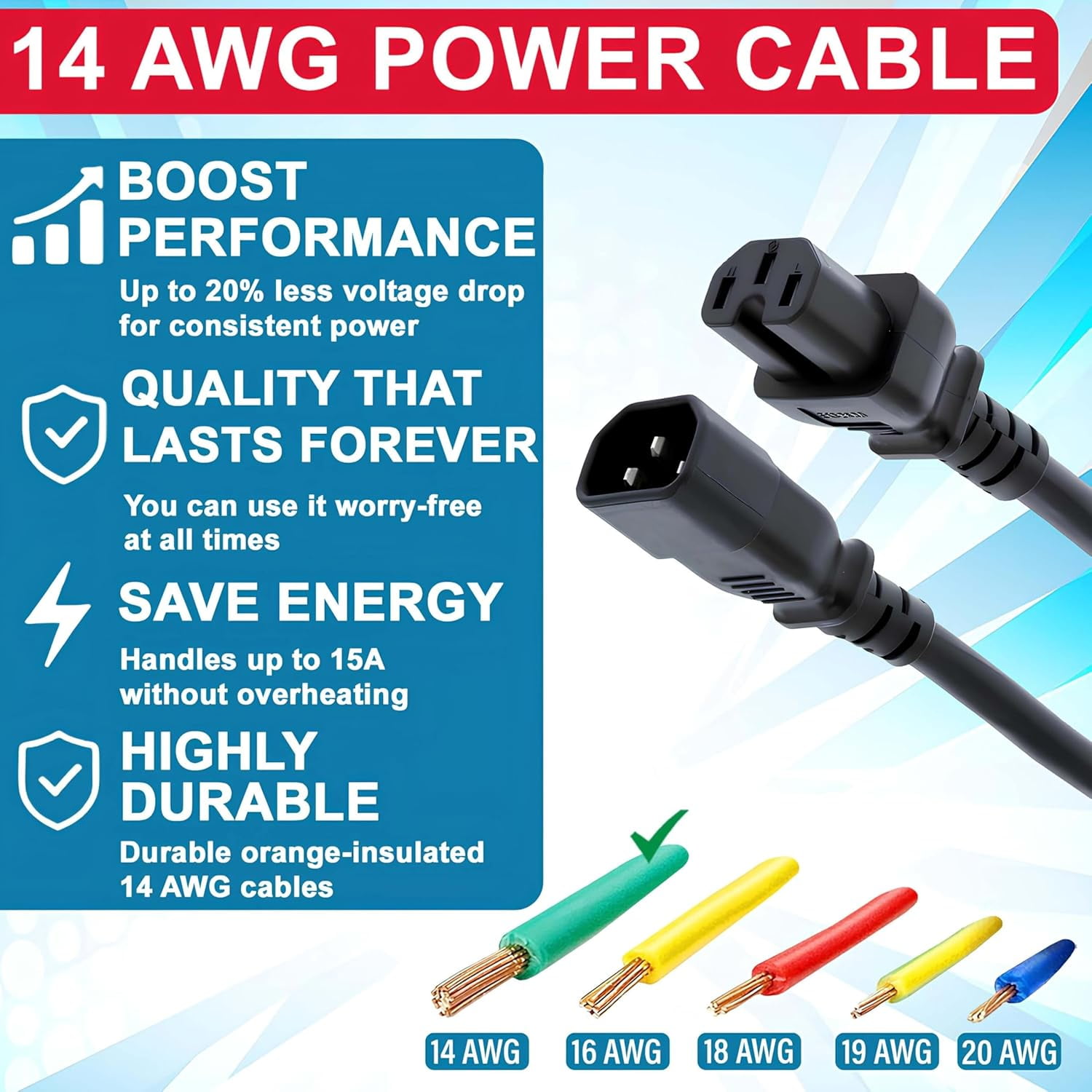 GHRTGR-AC Power Cord Extension (3ft) - C14 to C15-15A/250V, 14 AWG ...