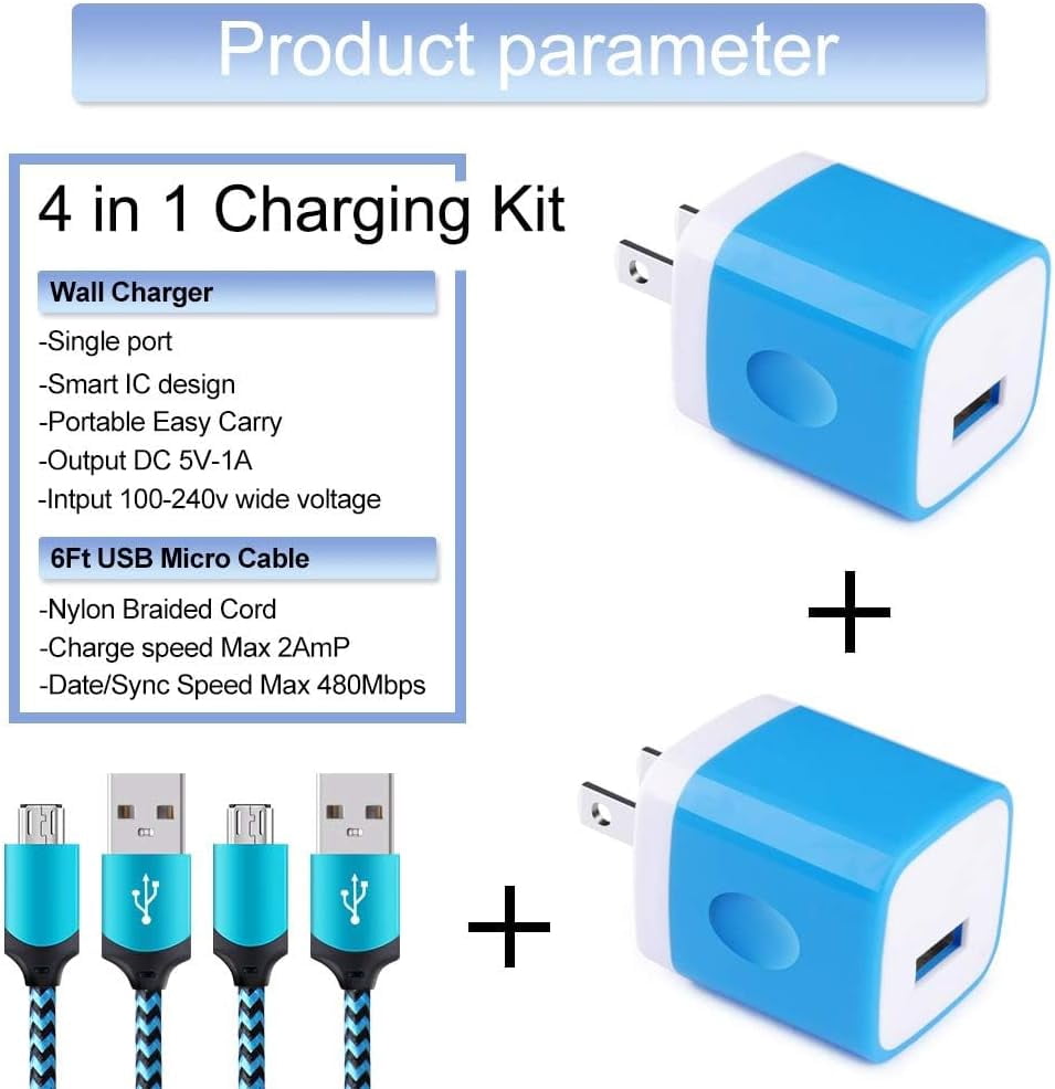 GHRTGR-Android Phone Charger Micro Cable,4-Pack Wall Plug 1A/5V Power ...