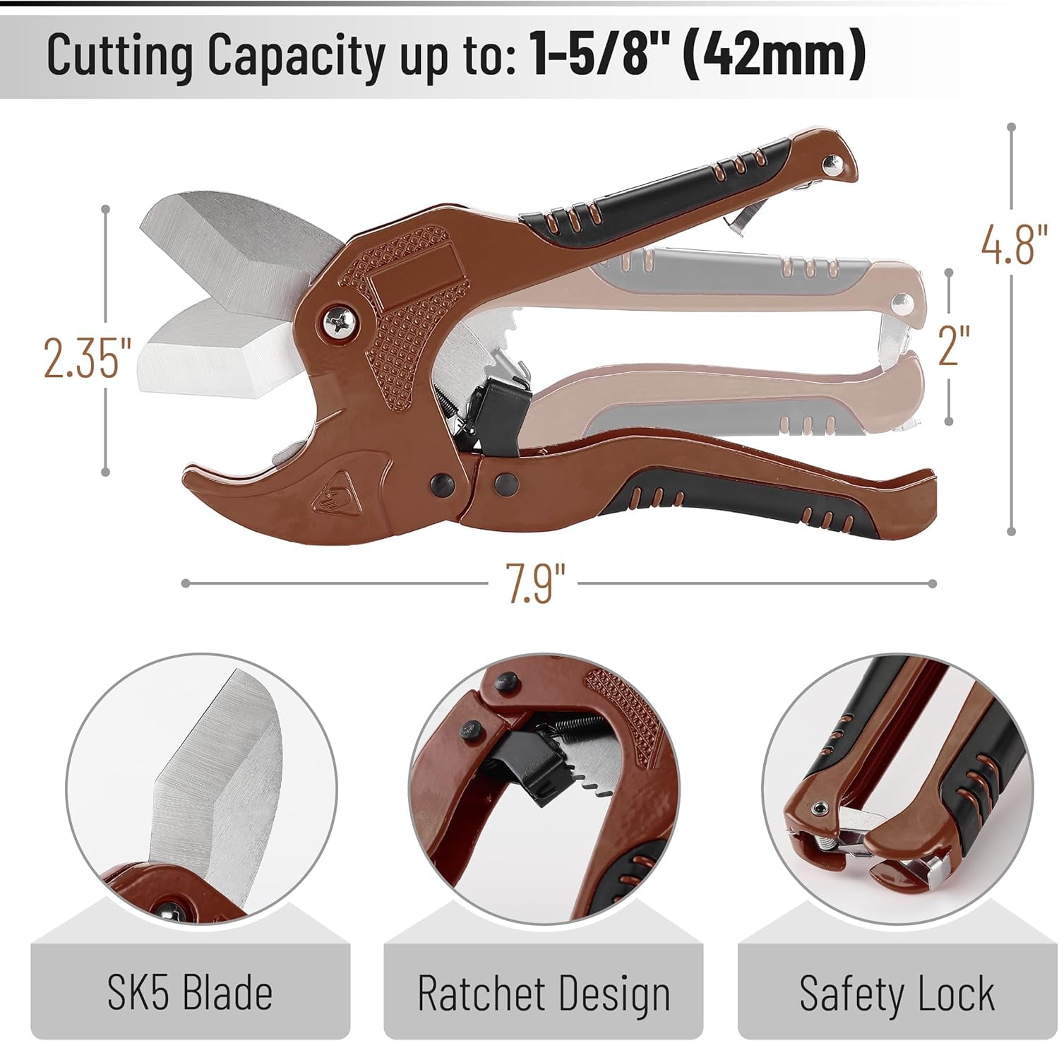 GHRTGR-Bates- PVC Pipe Cutter, Cuts up to 1-5/8", Brown Ratcheting PVC ...