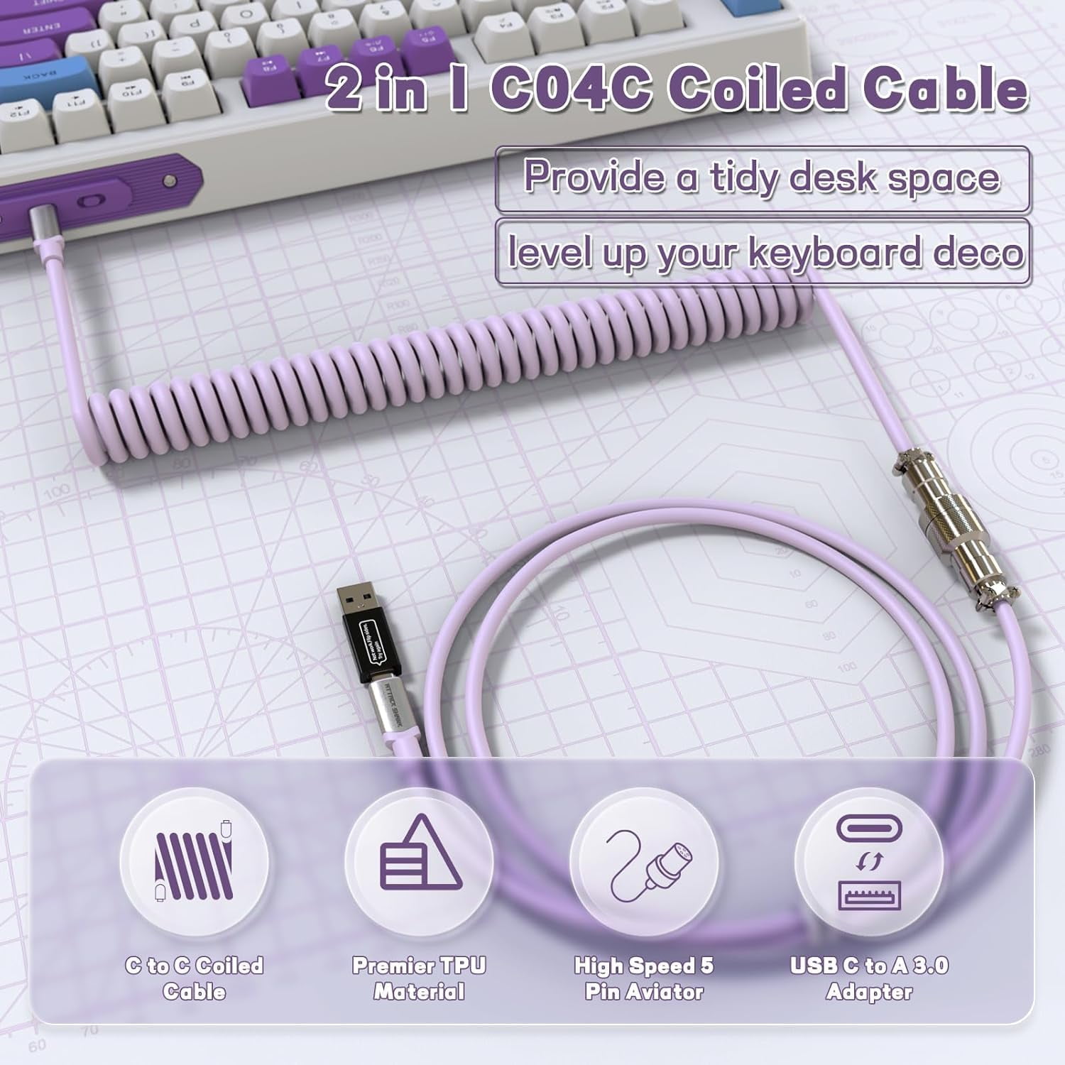 GHRTGR-C04-C Coiled USB C Cable for Mechanical Keyboard with USB to USB ...