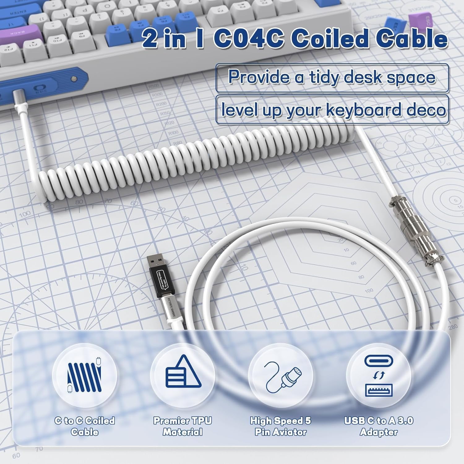 GHRTGR-CO4-C Coiled USB C Cable for Mechanical Keyboard with USB to USB ...