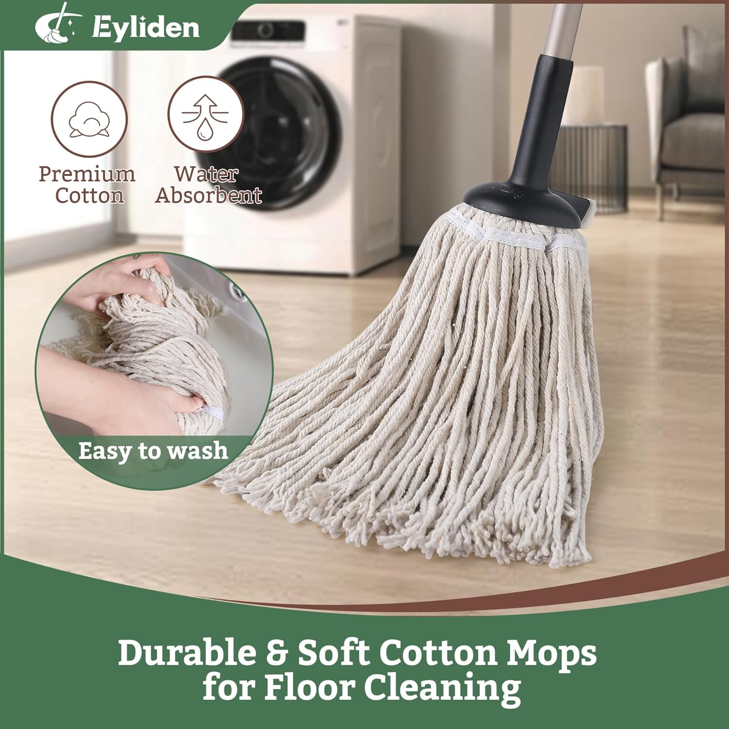 GHRTGR-Classic Mop with Extra Reusable Cotton Head - Non-Touch Replacement, Adjustable Handle ...