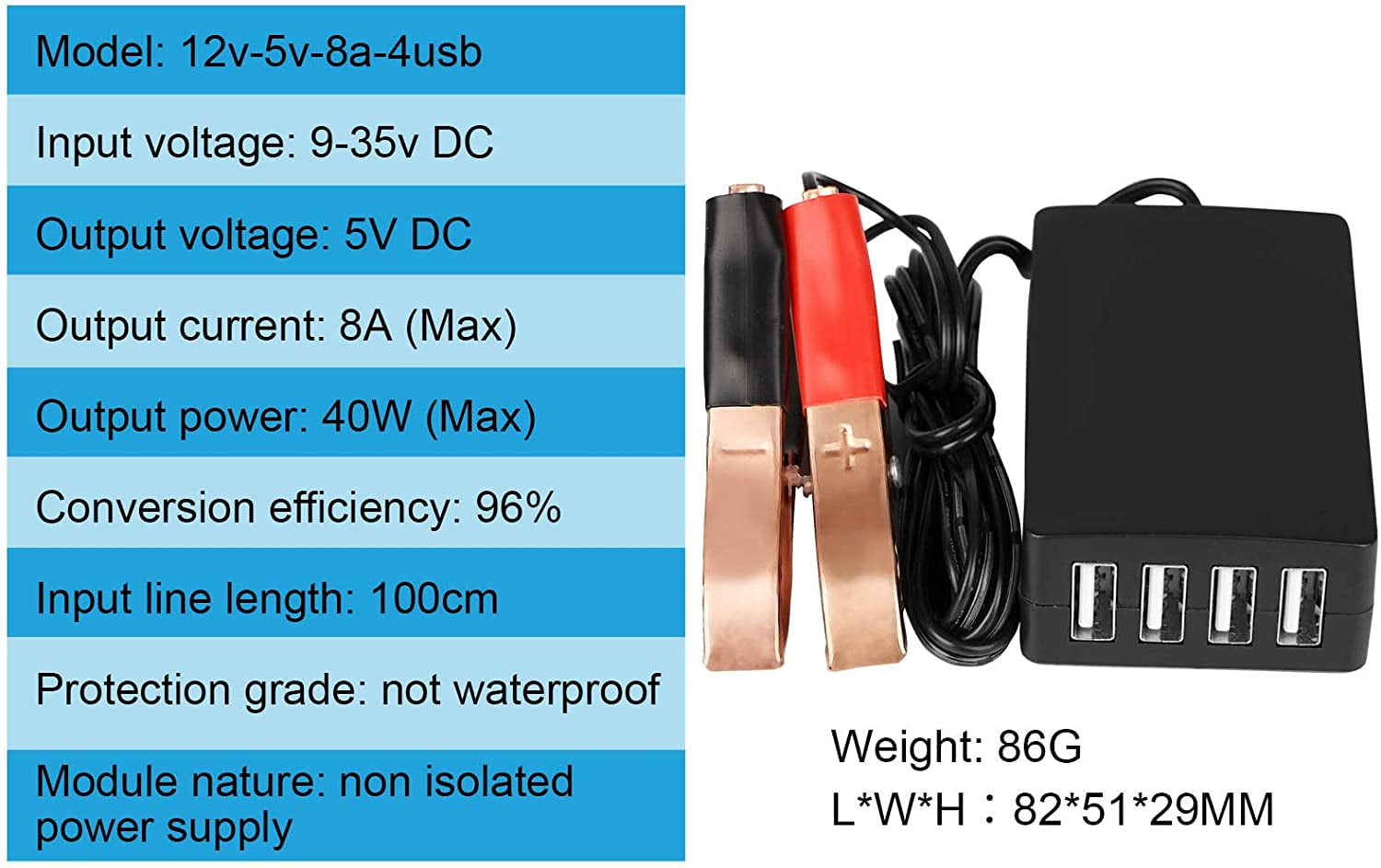GHRTGR-DC Converter with Battery Clip 12V 24V to 5V 8A USB Power ...
