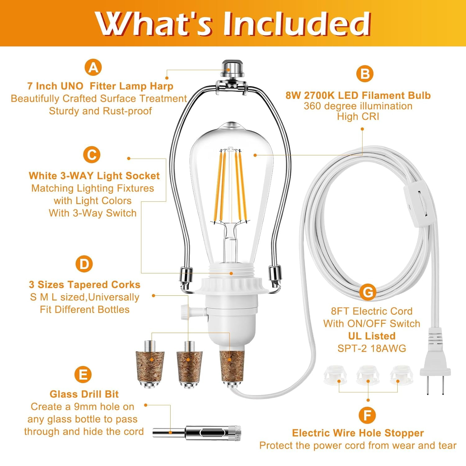 GHRTGR-DIY Bottle Lamp Wiring Kit - Includes Bulb, 3-Way Socket ...