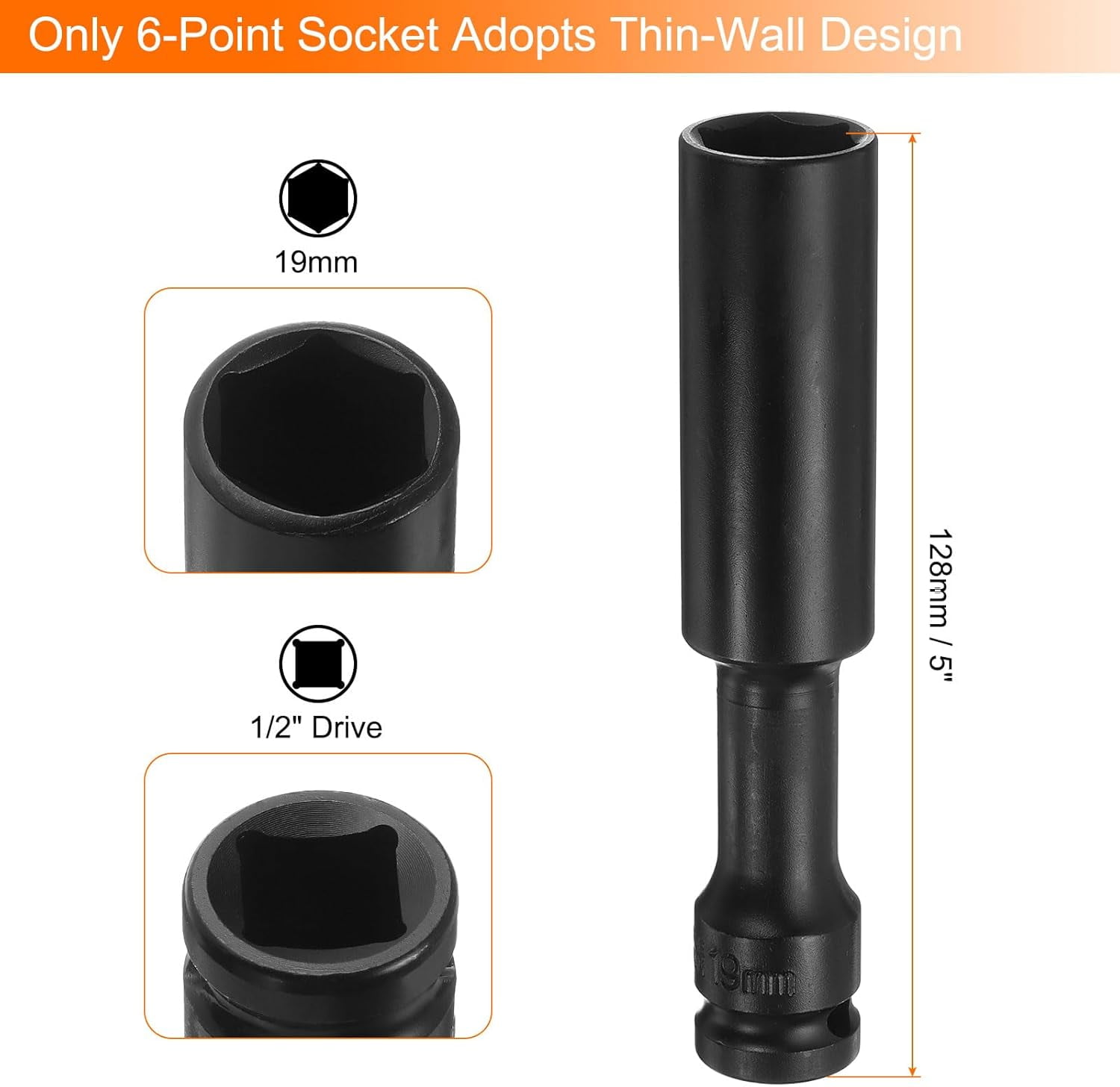 GHRTGR-Deep Thin Wall Impact Socket 19mm Metric 6 Point Socket 1/2 ...