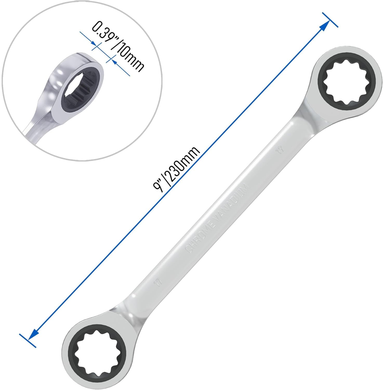 GHRTGR-Double Box End Ratcheting Wrench 17mm x 19mm Metric 72 Teeth 12 Point Ratchet Gear ...