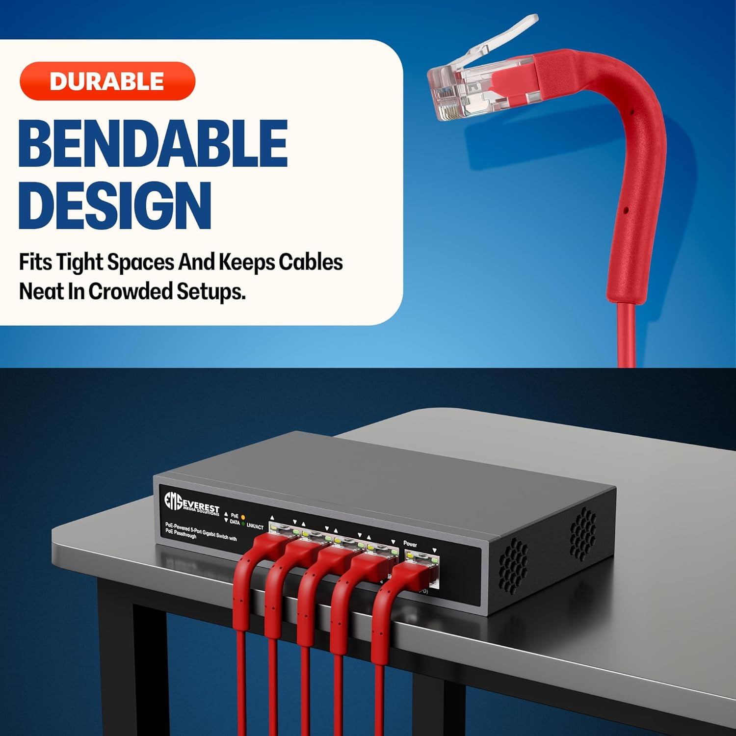 GHRTGR-Everest Ultra Slim Cat6a Ethernet Patch Cables 1.5ft (10-Pack) Red - 10GB Cat 6a Patch ...