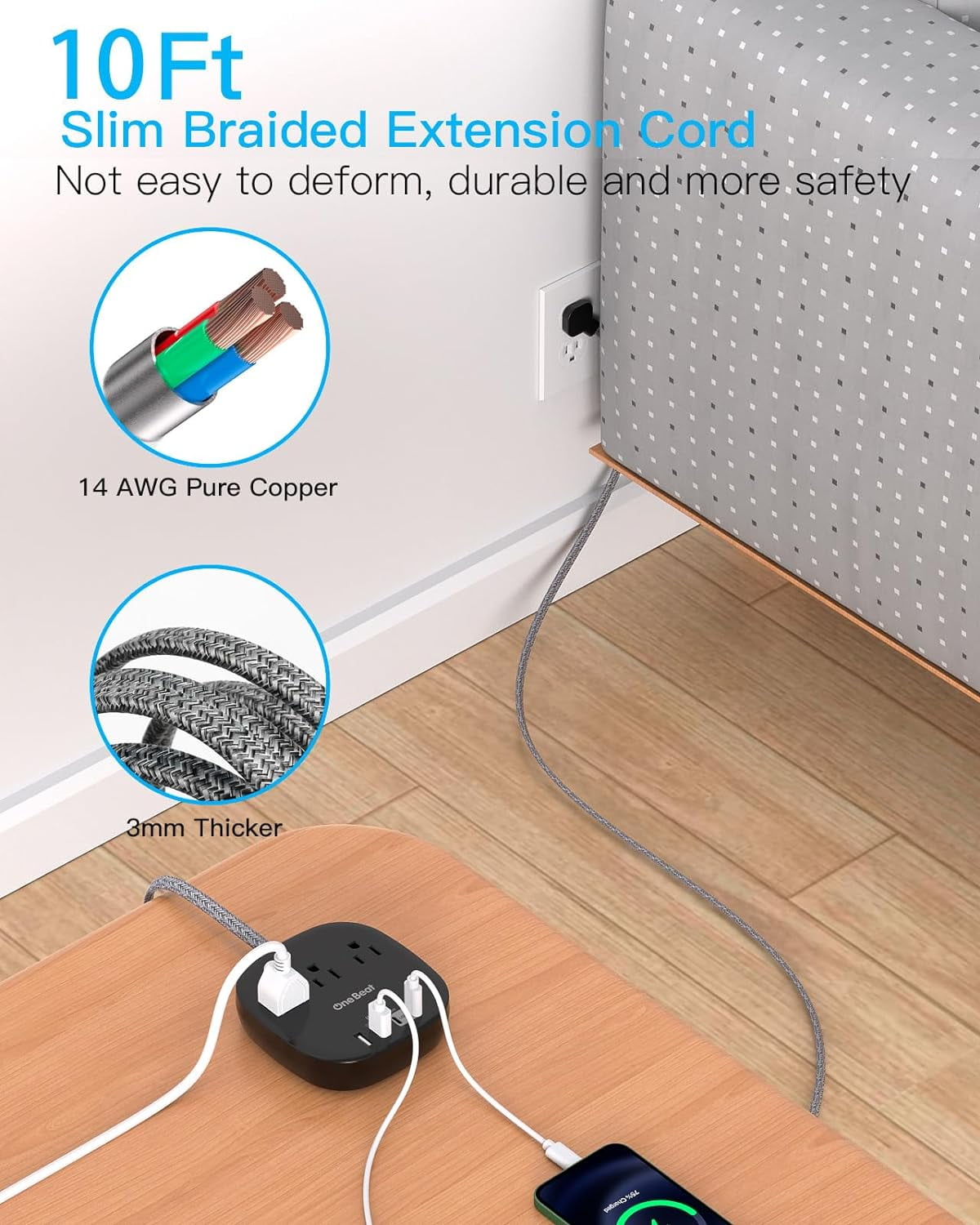 GHRTGR-Flat Plug Power Strip, 10Ft Flat Extension Cord, 3 Outlets 4 USB ...