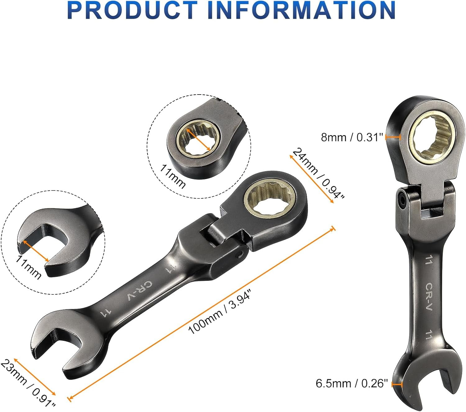 GHRTGR-Flex Head Stubby Ratcheting Combination Wrench 11mm Metric 72 ...