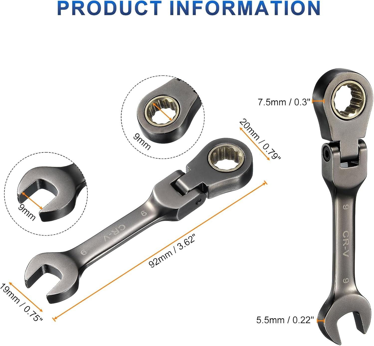 GHRTGR-Flex Head Stubby Ratcheting Combination Wrench 9mm Metric 72 ...