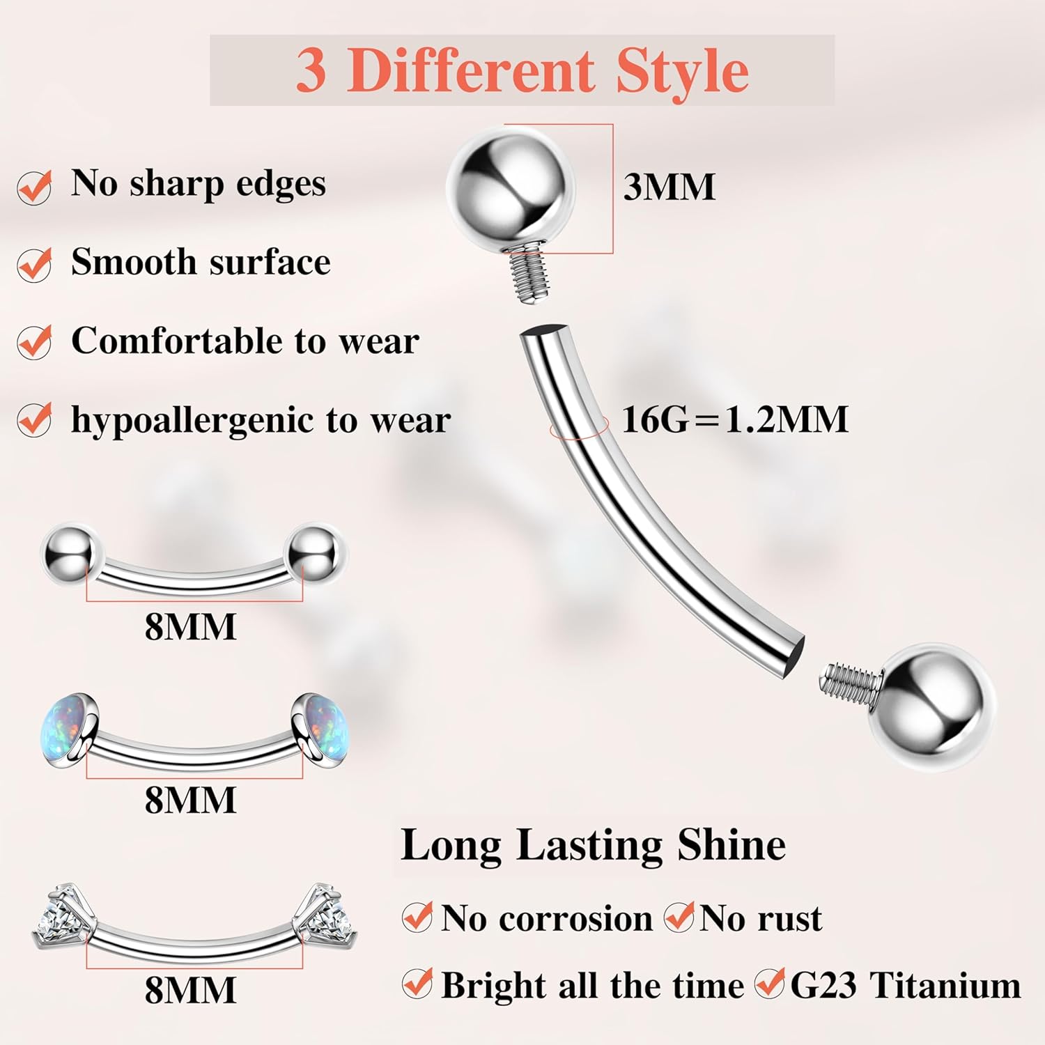 GHRTGR-G23 Titanium 16G Eyebrow Piercing Jewelry Curved Barbell ...