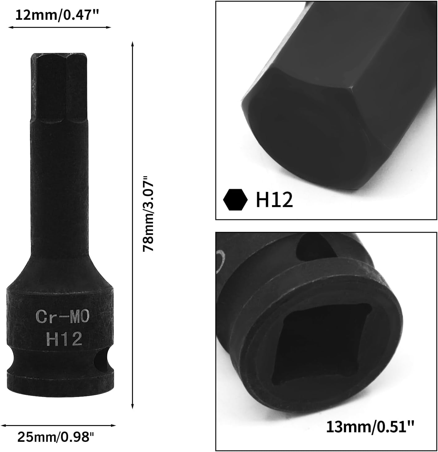 GHRTGR-H12 (12mm) Hex Impact Bit Socket, 1/2-Inch Drive Allen Bit ...