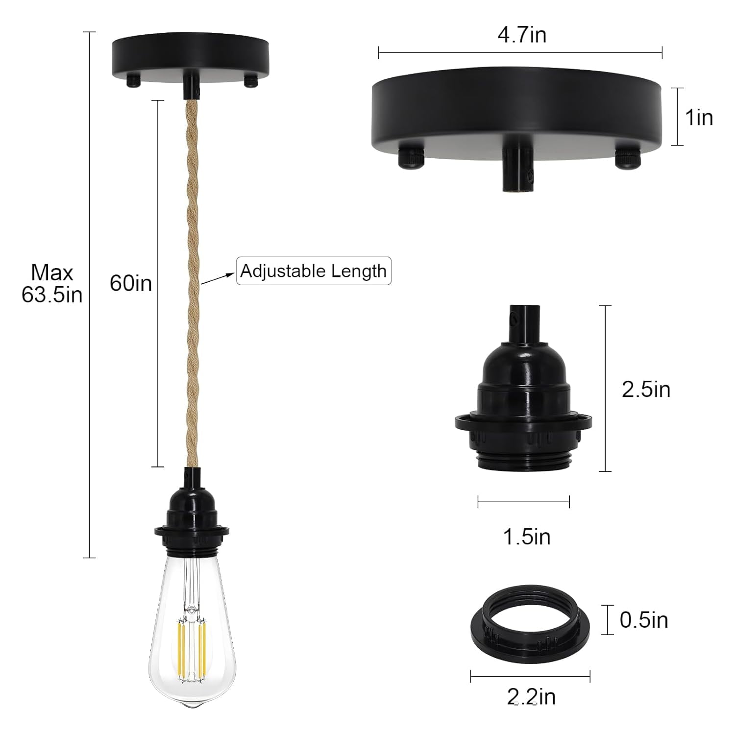 GHRTGR-Hemp Rope Pendant Light Kit, Boho Pendant Light Fixture UL Lamp ...