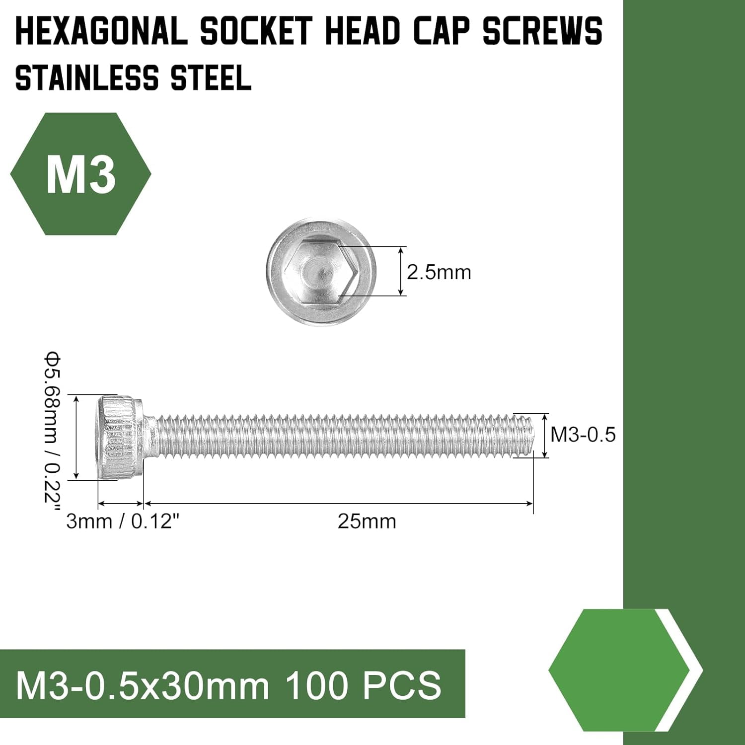 GHRTGR-Hex Socket Bolts (M3-0.5x25), 304 Stainless Steel Hex Socket ...