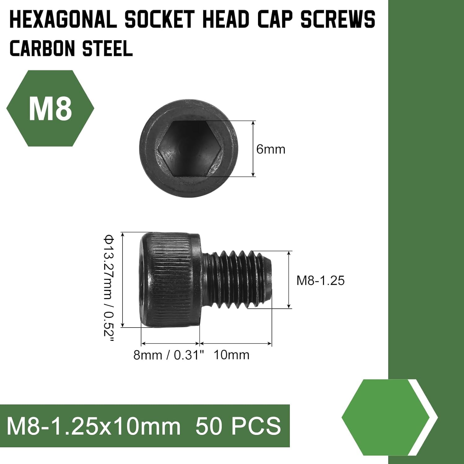 GHRTGR-Hex Socket Bolts (M8-1.25x10), Grade 12.9 Carbon Steel Hex ...