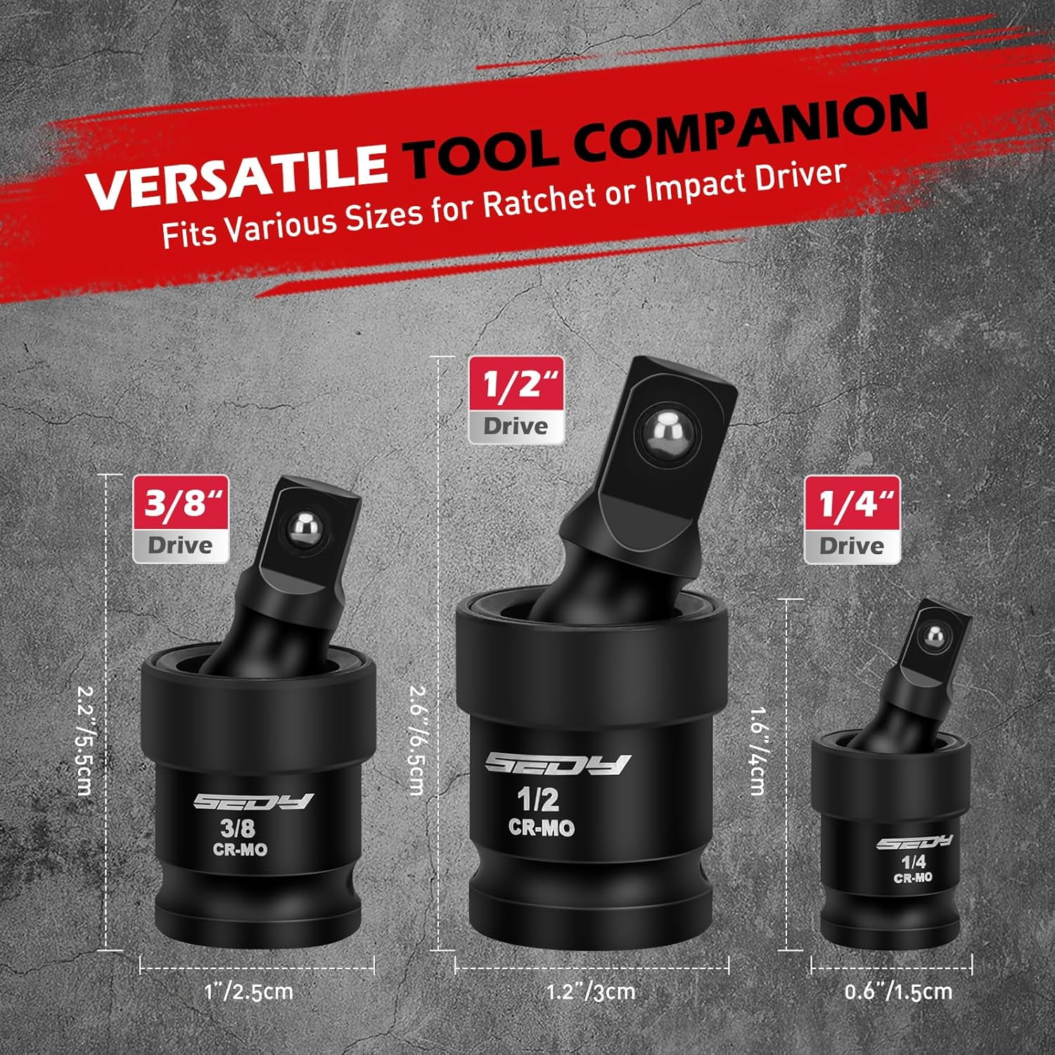 GHRTGR-Impact Universal Joint-Socket Swivel Set: 3-Piece 1/2", 3/8", 1/ ...
