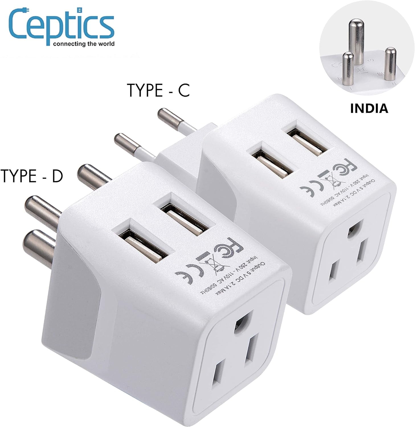 GHRTGR-India Travel Plug Set - with 2 USB + USA Socket Input - Type C ...