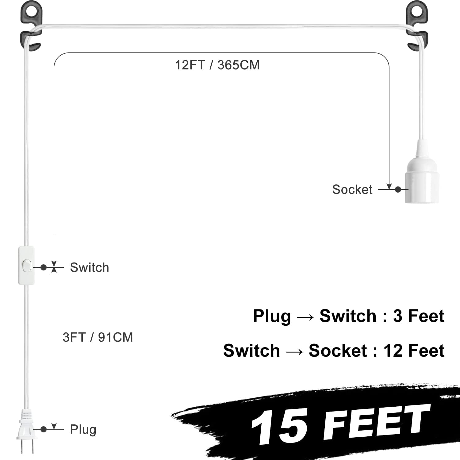 GHRTGR-Light Bulb Cord 15Ft - White, Hanging Light Cord with E26 Light ...