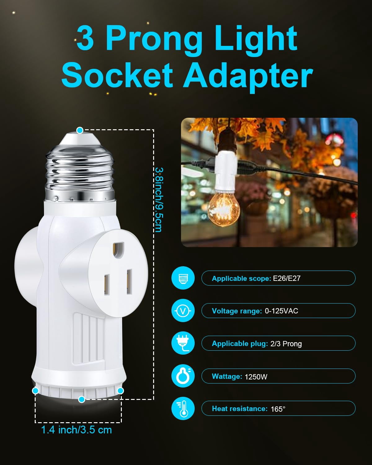 GHRTGR-Light Socket Outlet Adapter, 3 Prong Light Socket Adapter ...
