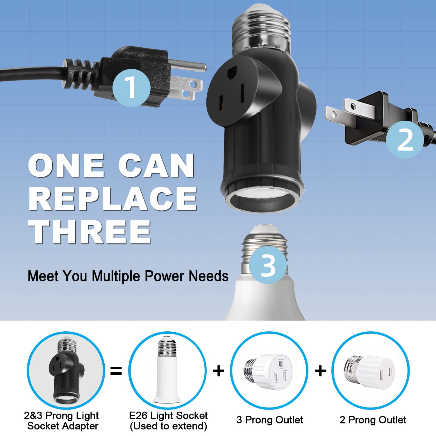 GHRTGR-Light Socket to Plug Adapter (2 Pack), 2&3 Prong Light Bulb ...